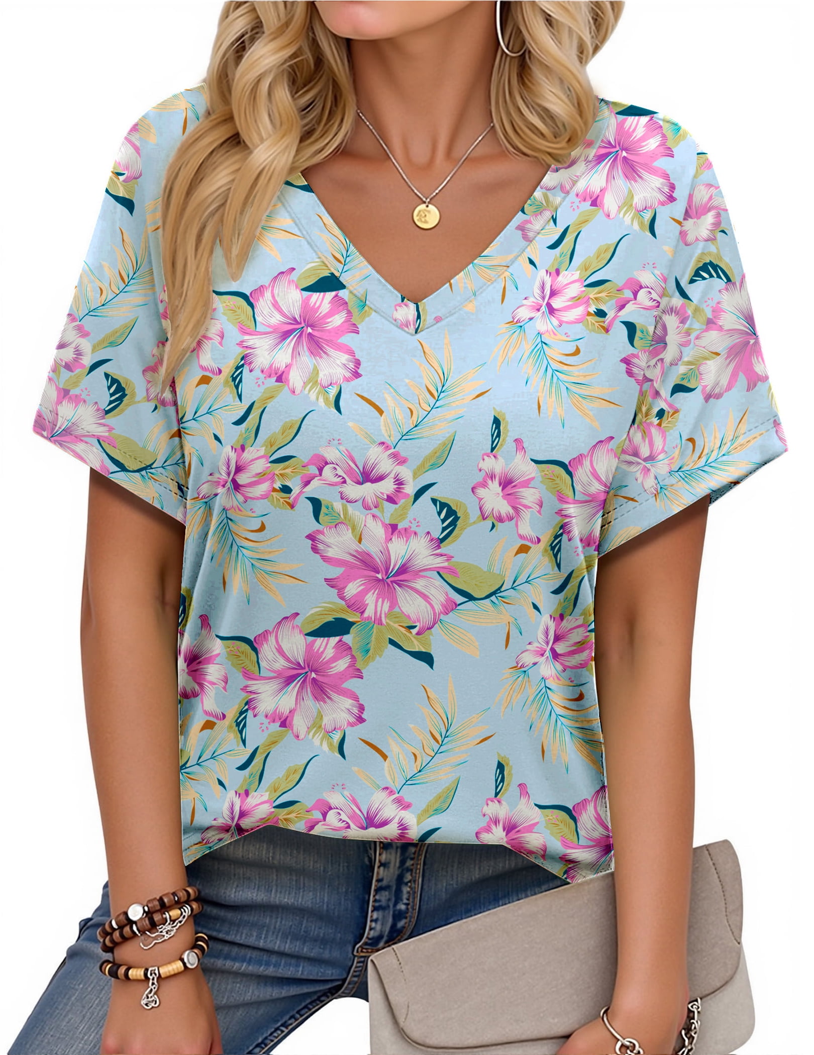 Fantaslook V Neck T Shirts for Women Floral Summer Tops Short Sleeve ...