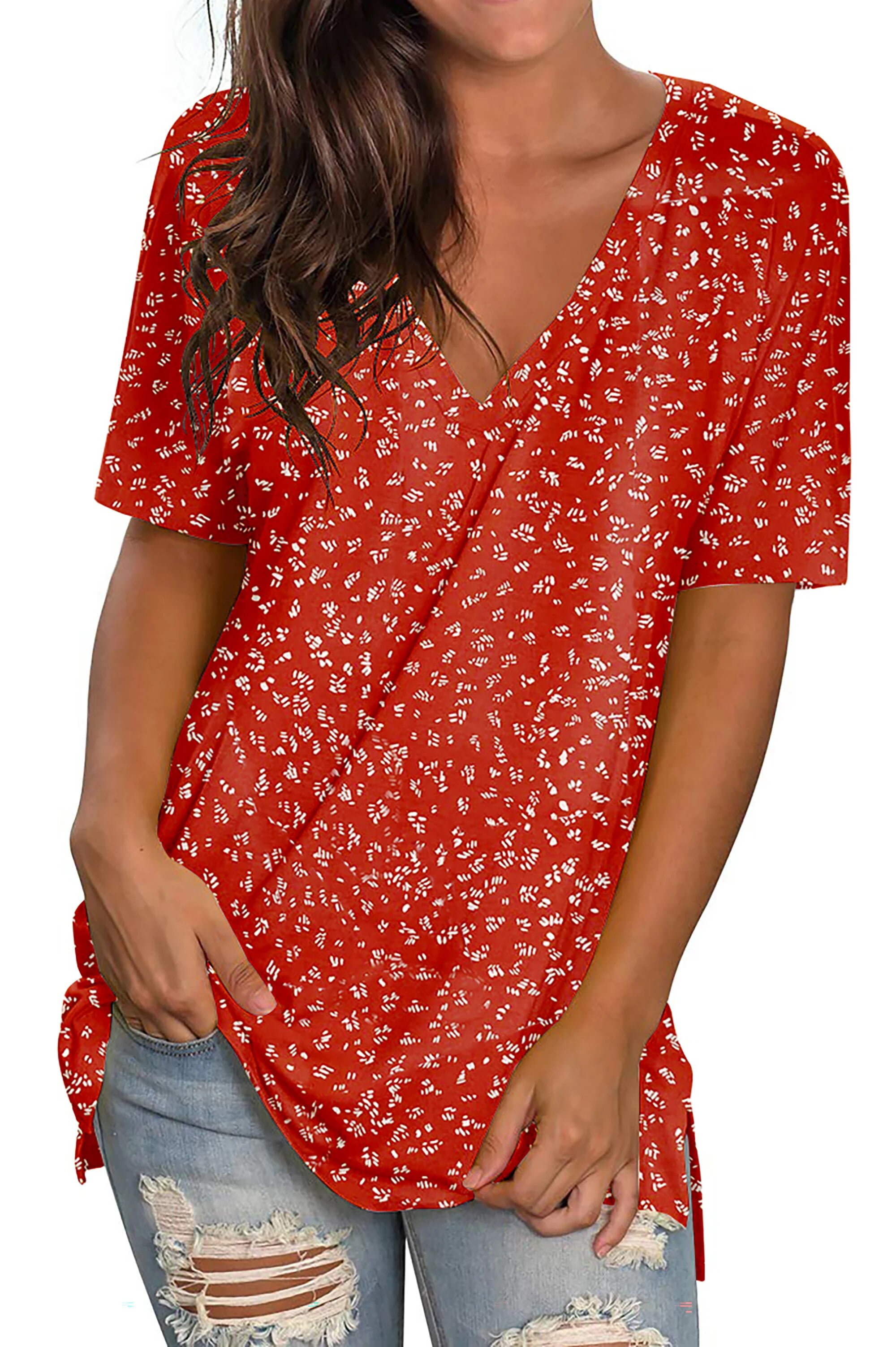 Fantaslook V Neck T Shirts for Women Floral Summer Tops Short Sleeve ...