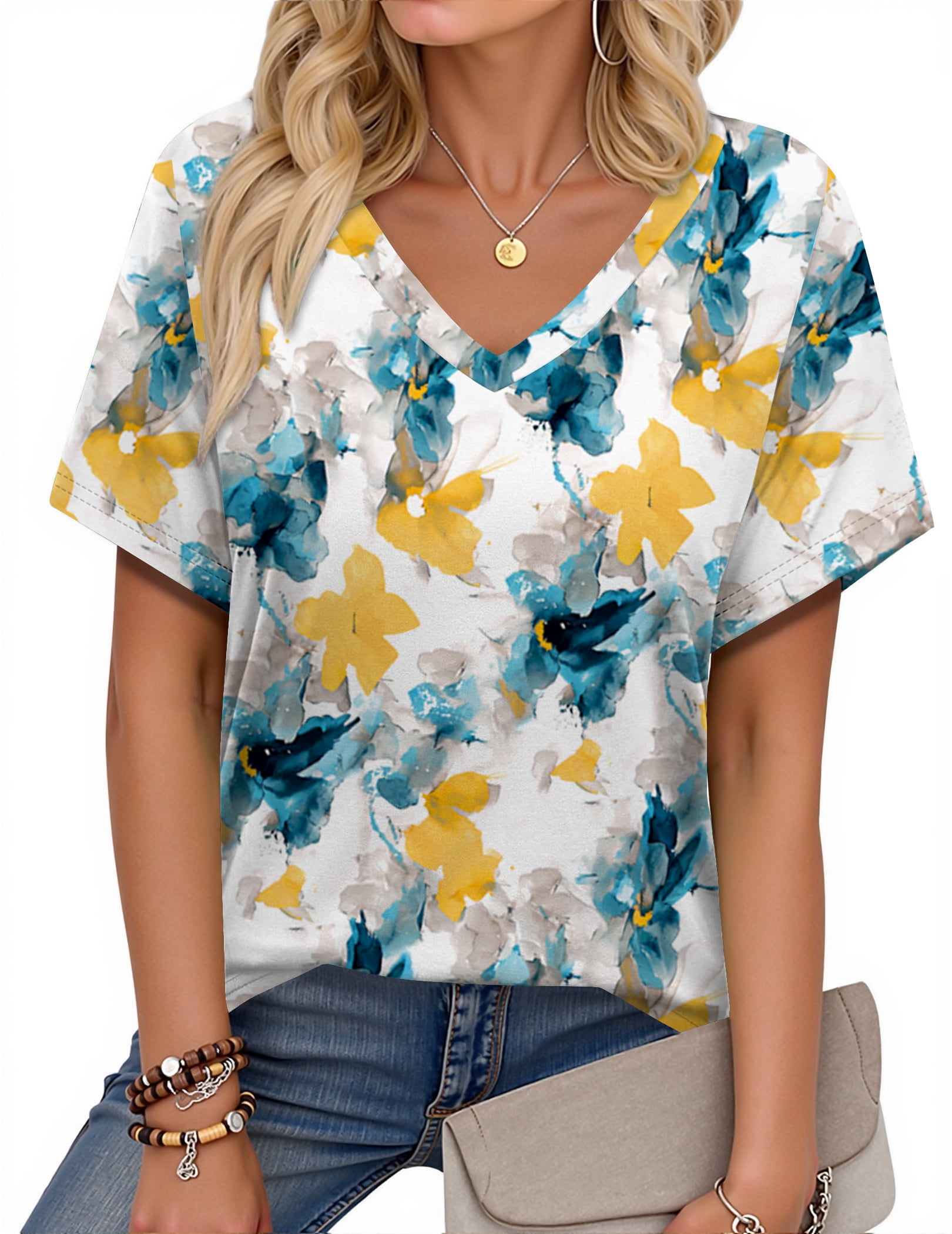 Fantaslook V Neck T Shirts for Women Floral Summer Tops Short Sleeve ...