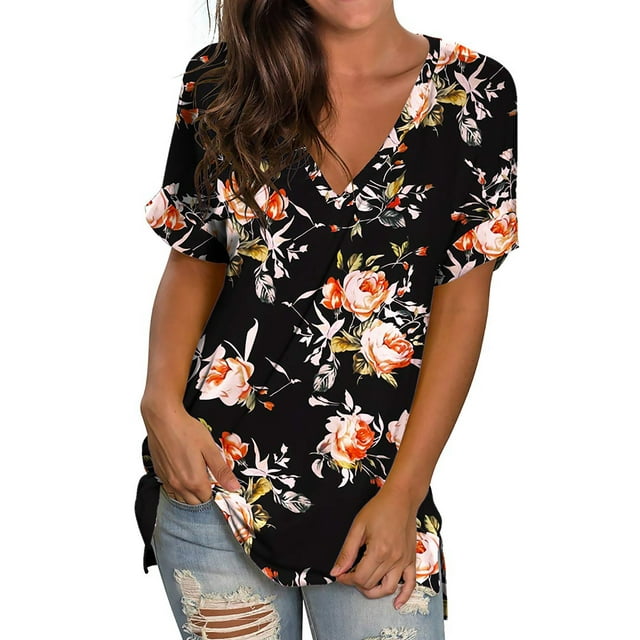 Fantaslook V Neck T Shirts for Women Floral Summer Tops Short Sleeve ...
