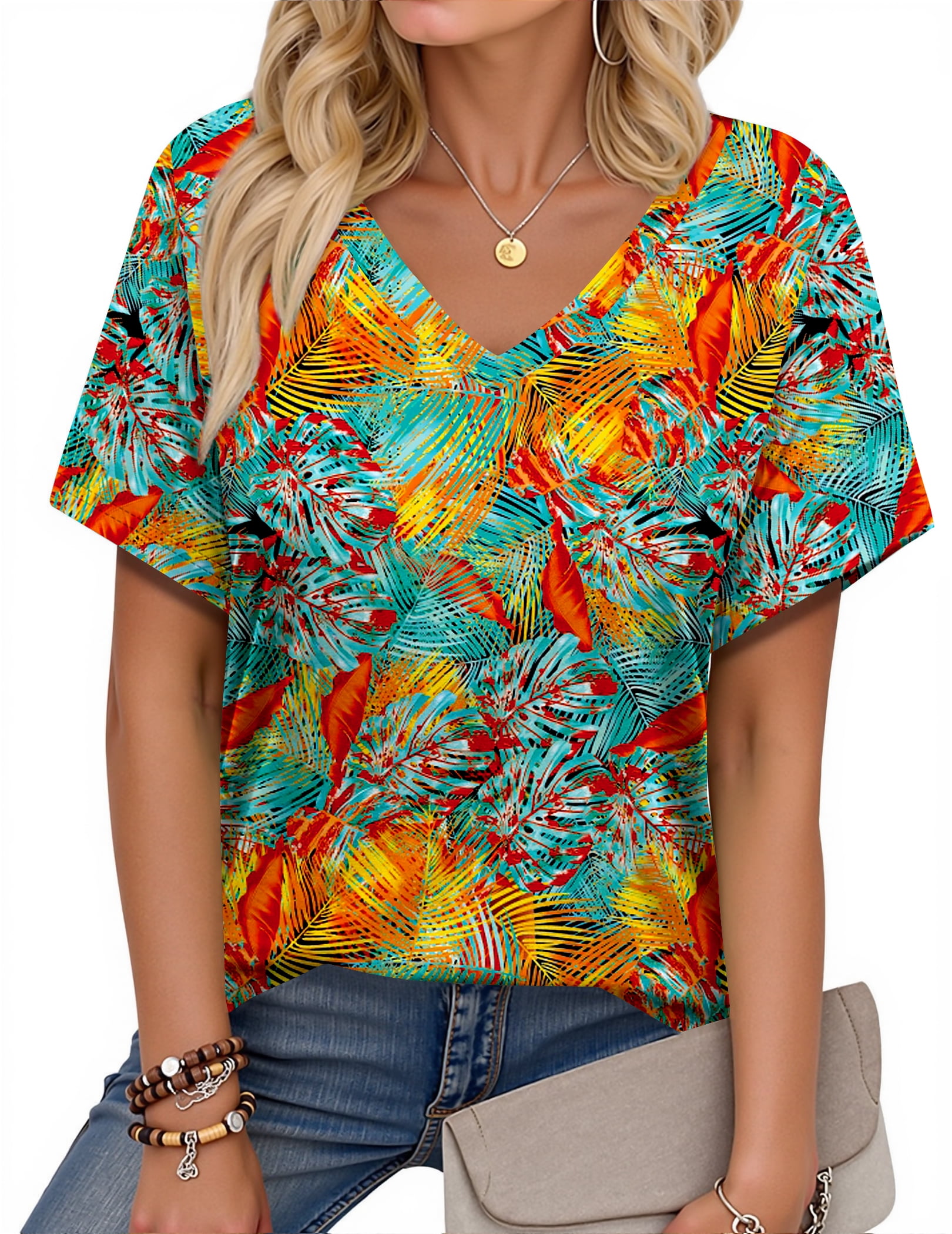 Fantaslook V Neck Short Sleeve Floral Tops for Women, Lightweight Flowy ...