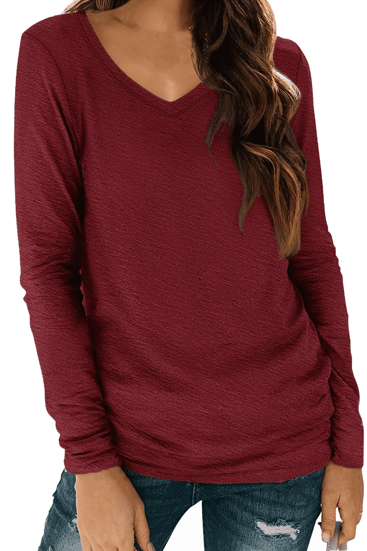 Fantaslook V Neck T Shirts for Women Long Sleeve Tops Solid Color Tee ...