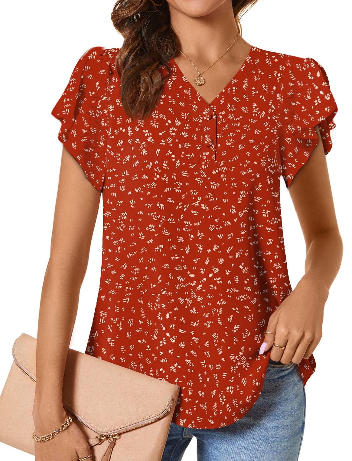 Fantaslook V Neck Womens Tops Dressy Ruffle Sleeve Shirts Button Up ...