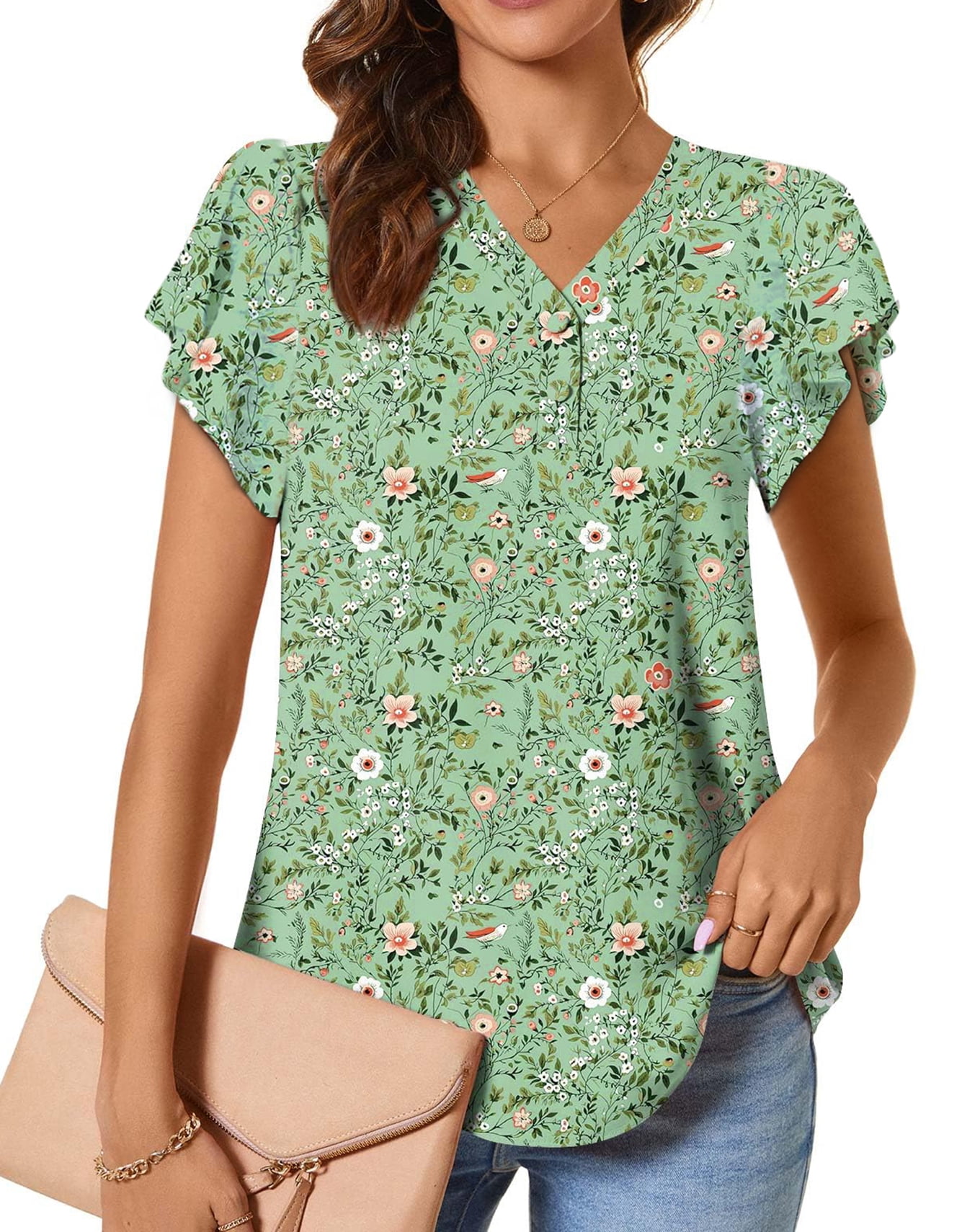 Fantaslook V Neck Womens Tops Dressy Ruffle Sleeve Shirts Button Up ...