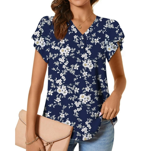 Fantaslook V Neck Womens Tops Dressy Ruffle Sleeve Shirts Button Up ...