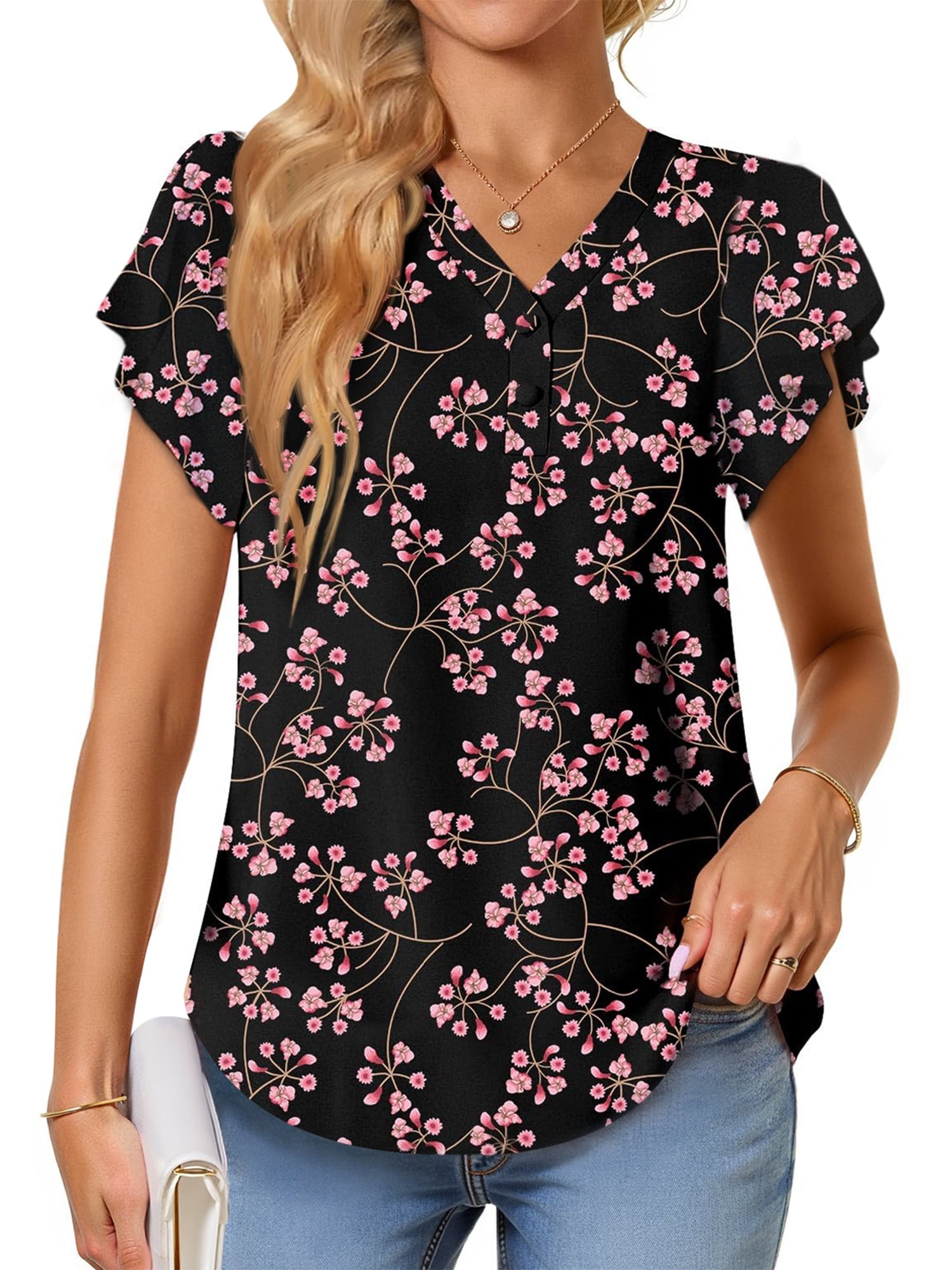Fantaslook V Neck Womens Tops Dressy Ruffle Sleeve Shirts Button Up Tunic Summer Floral Blouses ...