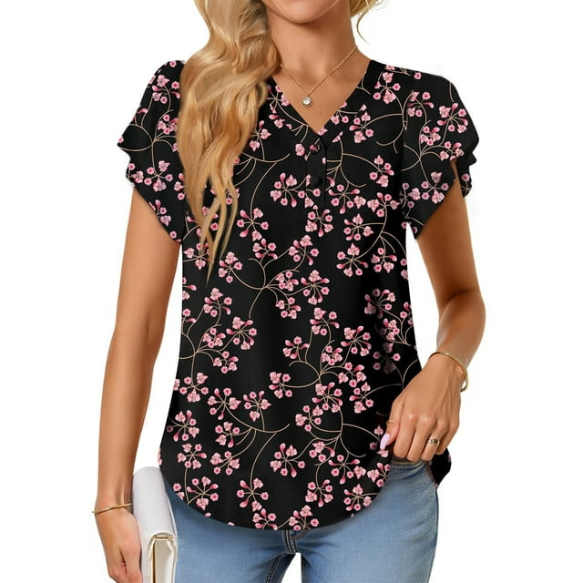 Fantaslook V Neck Womens Tops Dressy Ruffle Sleeve Shirts Button Up Tunic Summer Floral Blouses ...