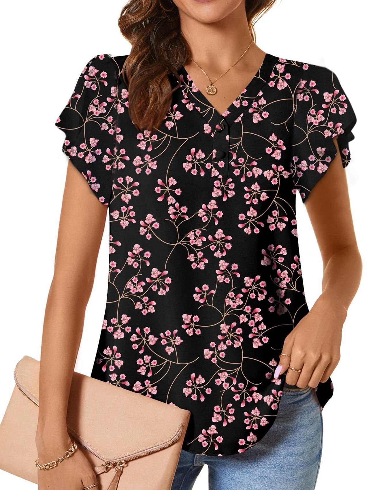 Fantaslook V Neck Womens Tops Dressy Ruffle Sleeve Shirts Button Up Tunic Summer Floral Blouses ...