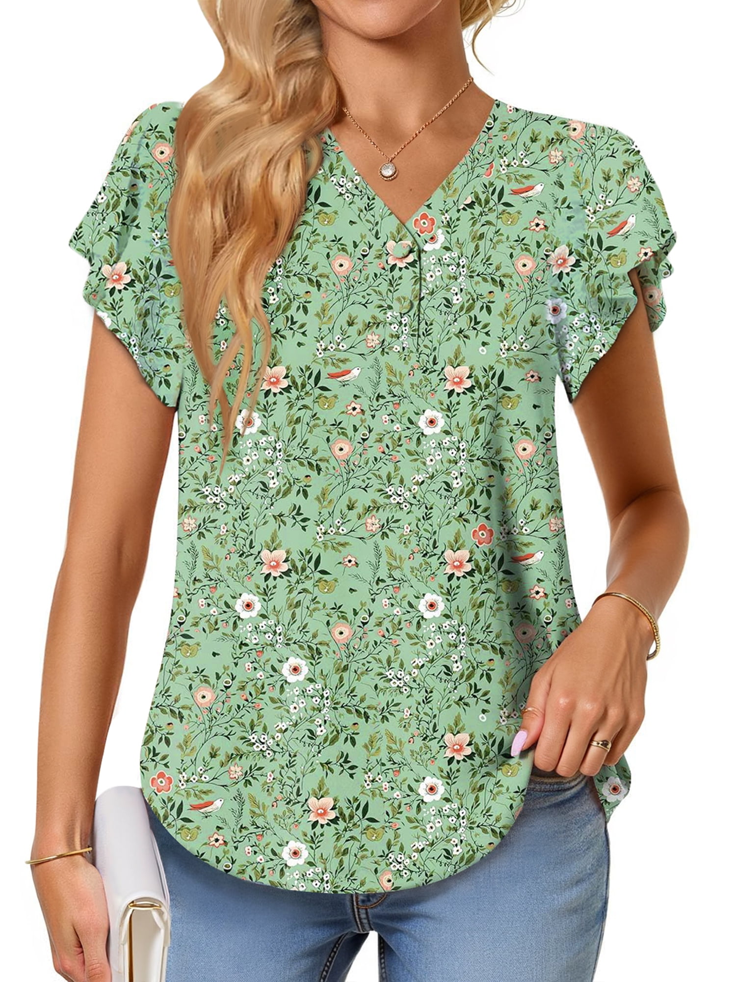 Fantaslook V Neck Womens Tops Dressy Ruffle Sleeve Shirts Button Up ...