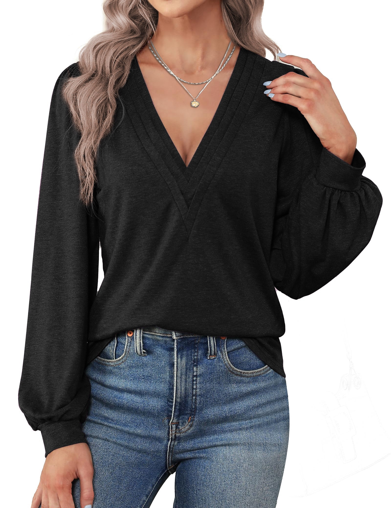 Fantaslook V Neck Womens Tops Fall Long Puff Sleeve Shirts Dressy ...