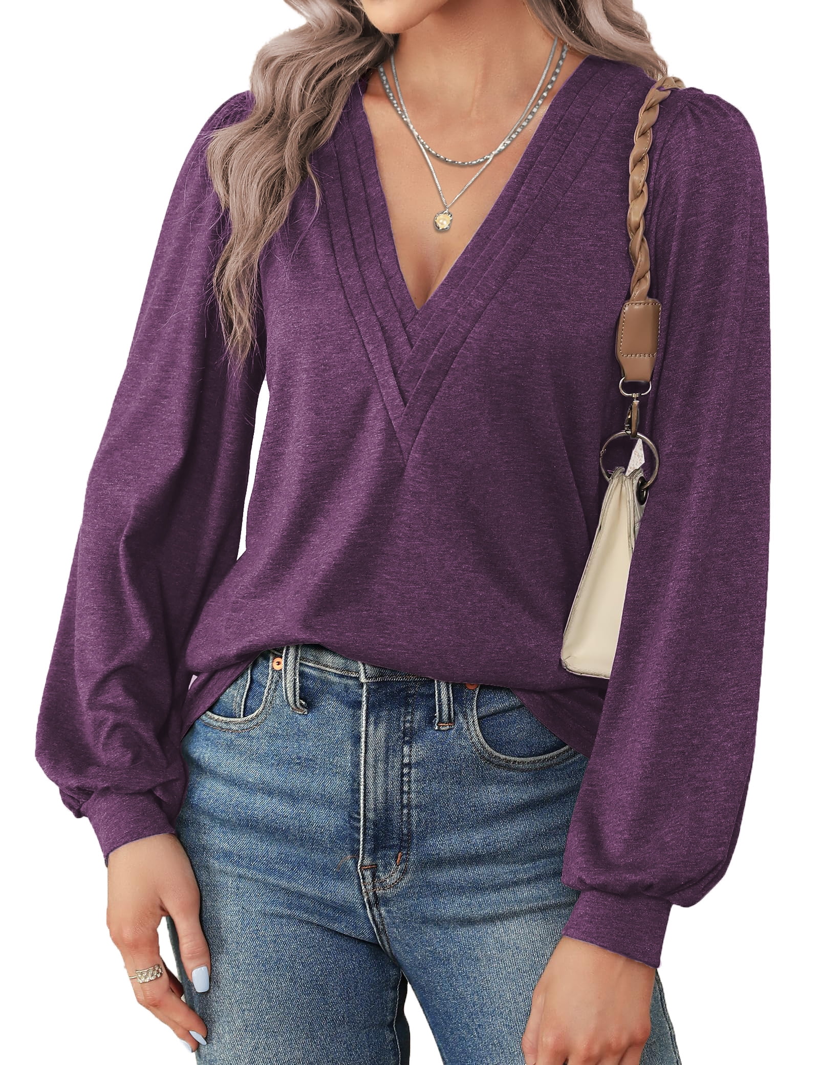 Fantaslook Deep V Neck Womens Tops Fall Long Puff Sleeve Shirts Dressy ...