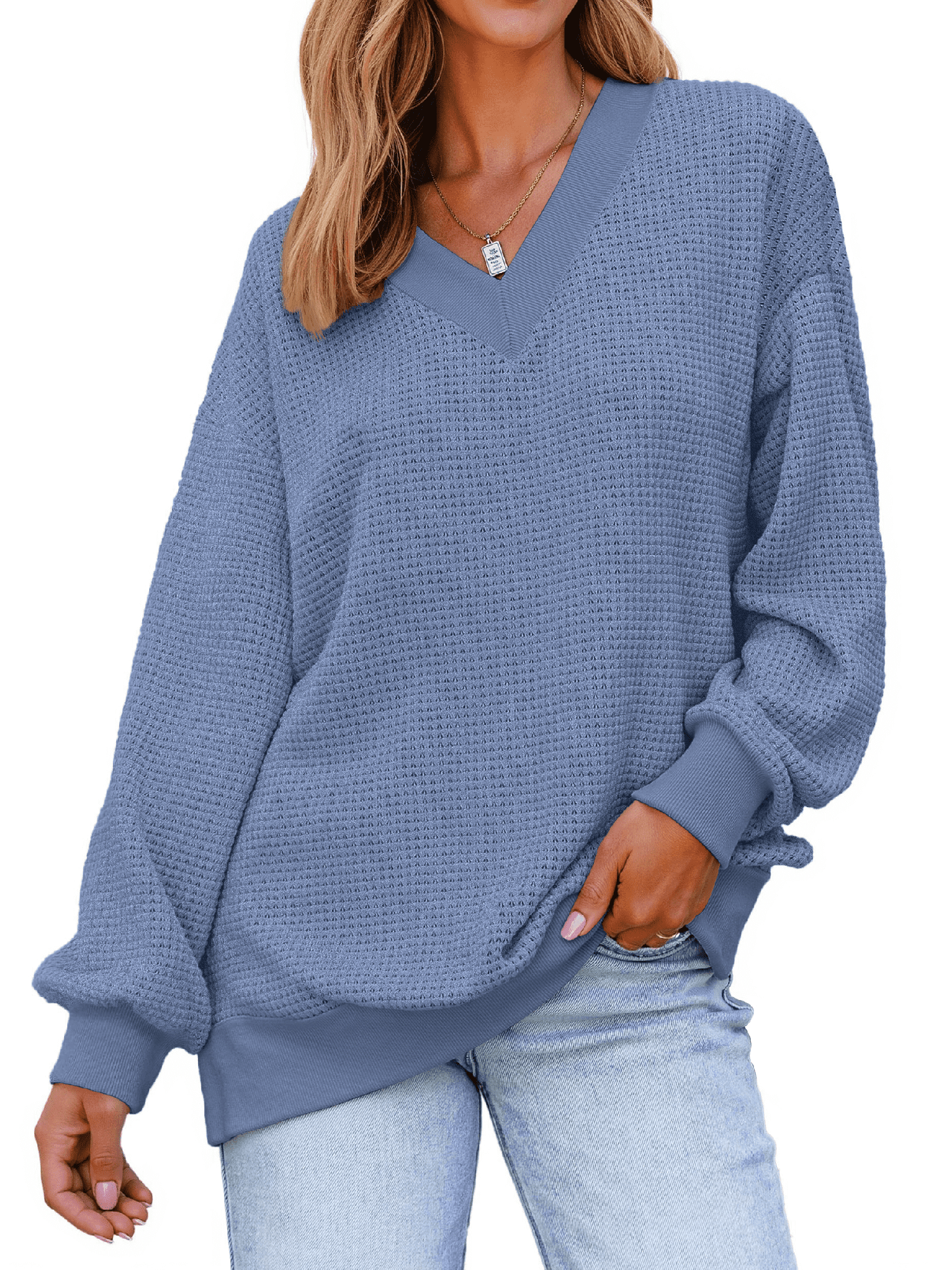 Fantaslook Waffle Knit Womens Sweatshirts Long Sleeve V Neck Shirts ...