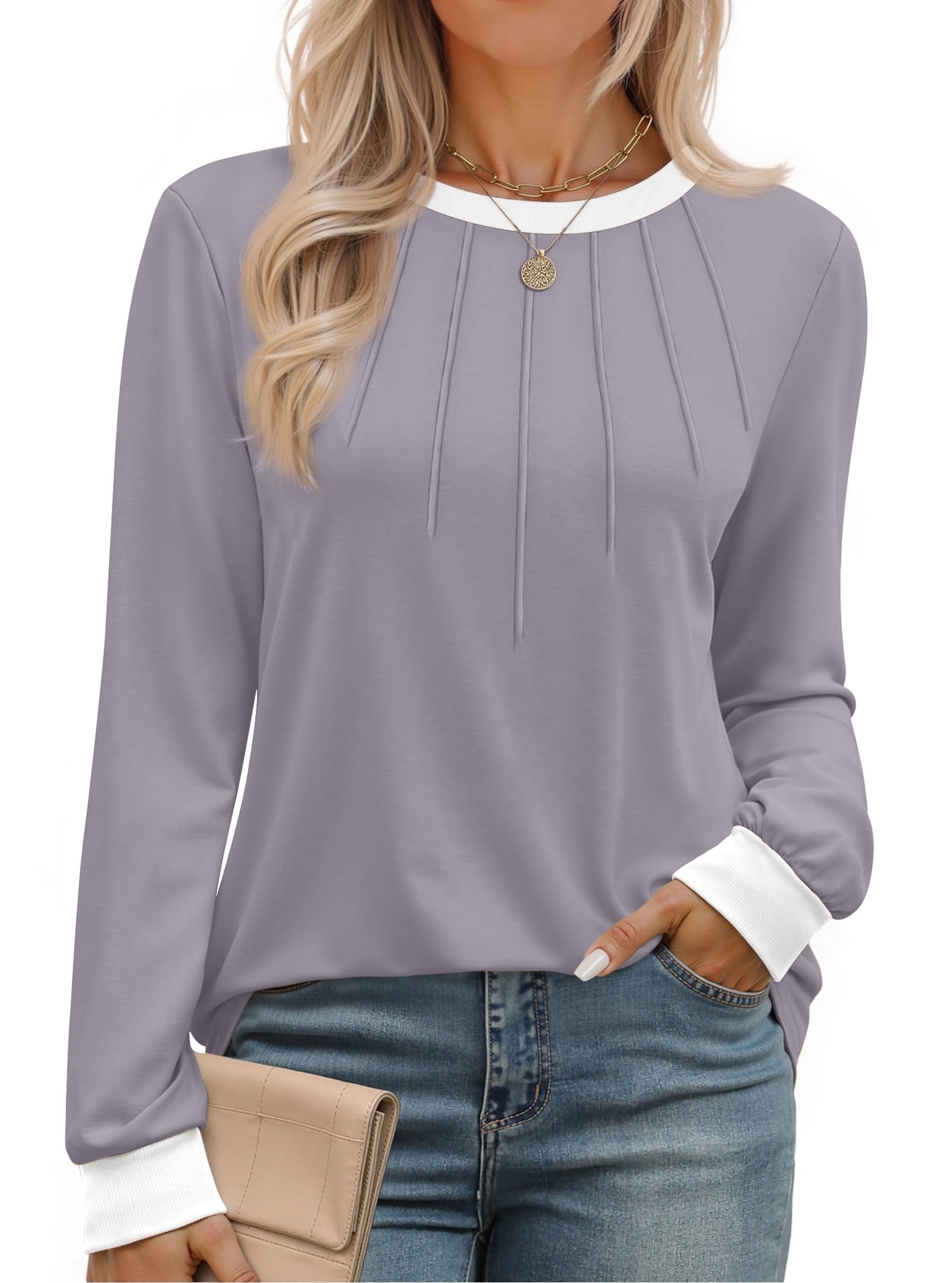 Fantaslook Women Blouses Color Block Long Sleeve Shirts Pleated Fall ...