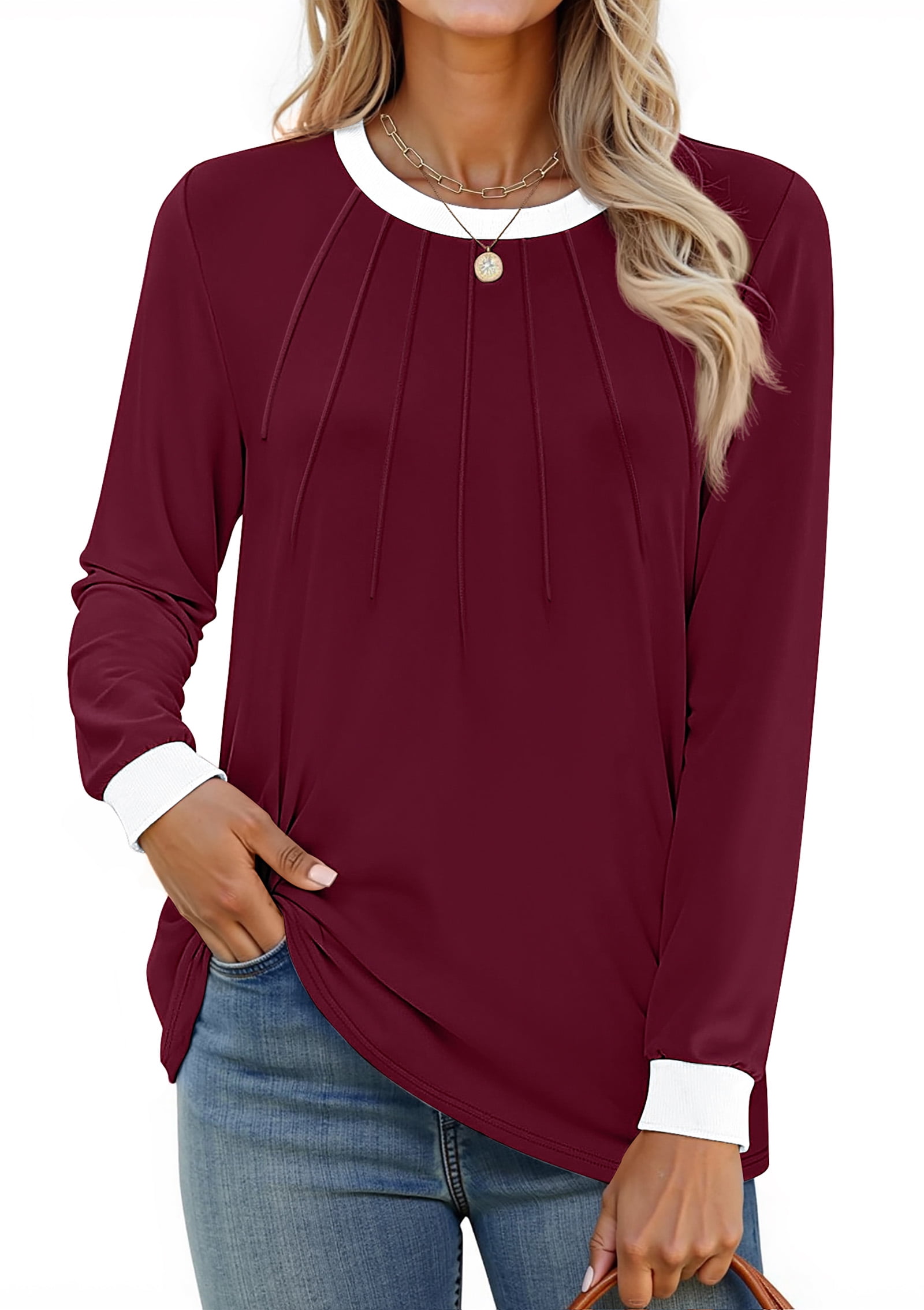 Fantaslook Women Blouses Color Block Long Sleeve Shirts Pleated Fall ...