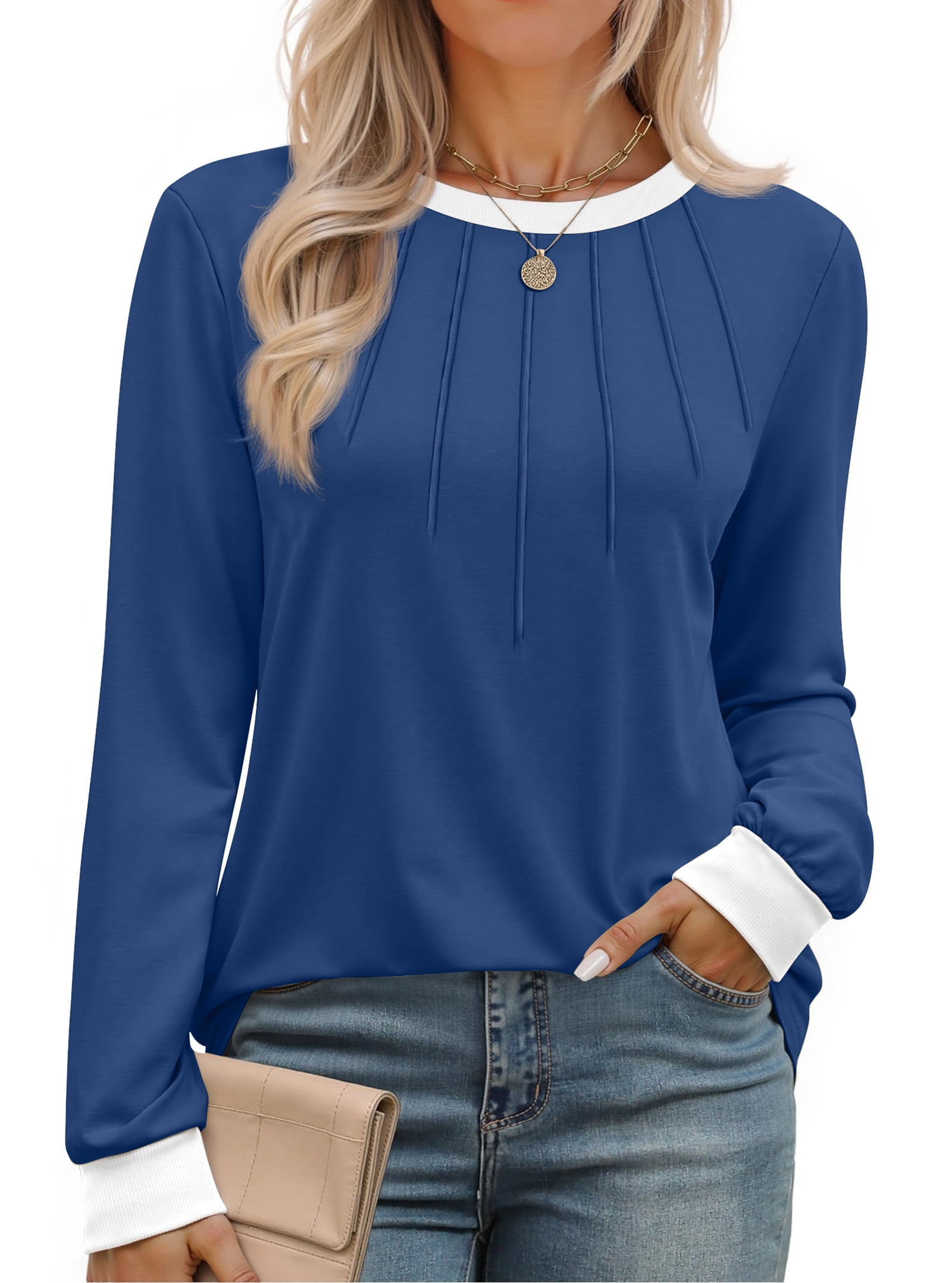 Fantaslook Women Blouses Color Block Long Sleeve Shirts Pleated Fall ...