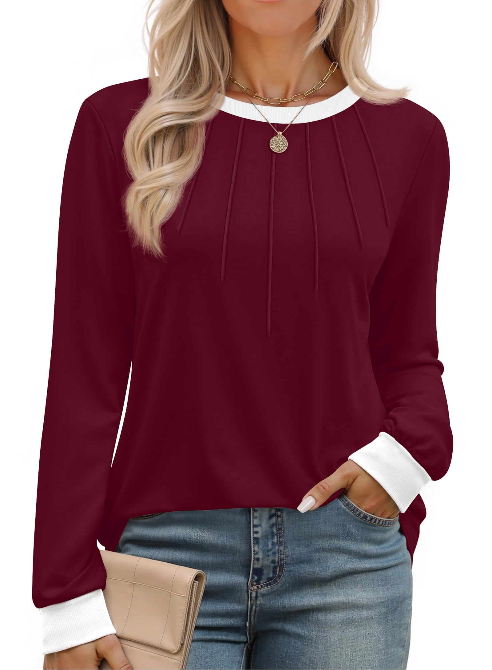 Fantaslook Women Blouses Color Block Long Sleeve Shirts Pleated Fall ...