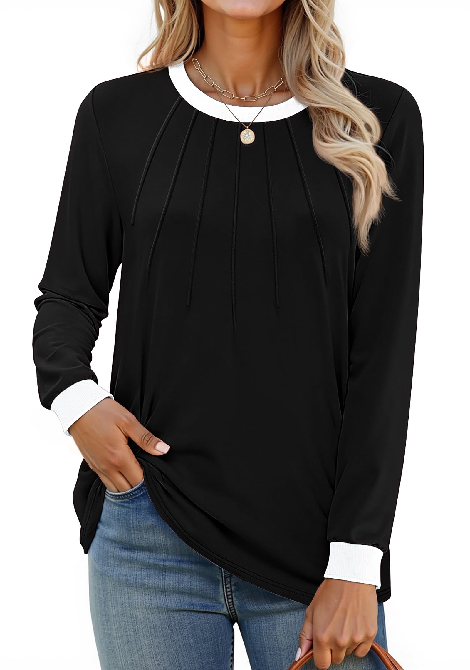 Fantaslook Women Blouses Color Block Long Sleeve Shirts Pleated Fall ...