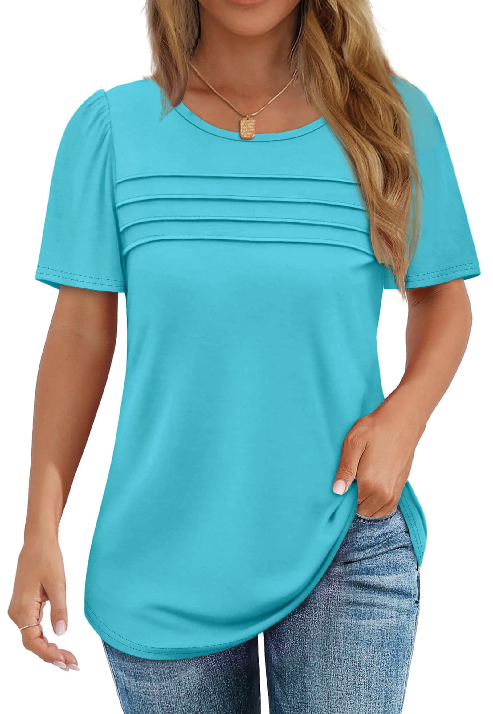 Fantaslook Pleated Tunic Women Blouses, Short Sleeve, Flowy Summer Crew ...