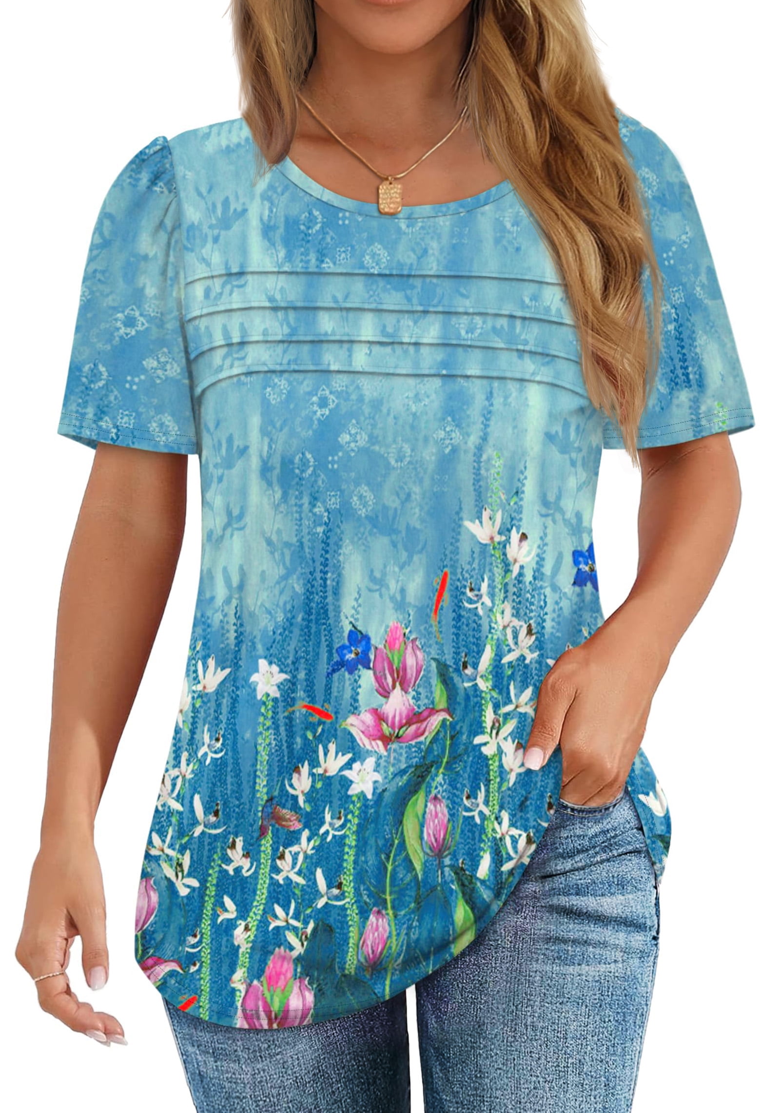 Fantaslook Women Pleated Tunic Tops, Dressy Casual Short Sleeve Summer ...