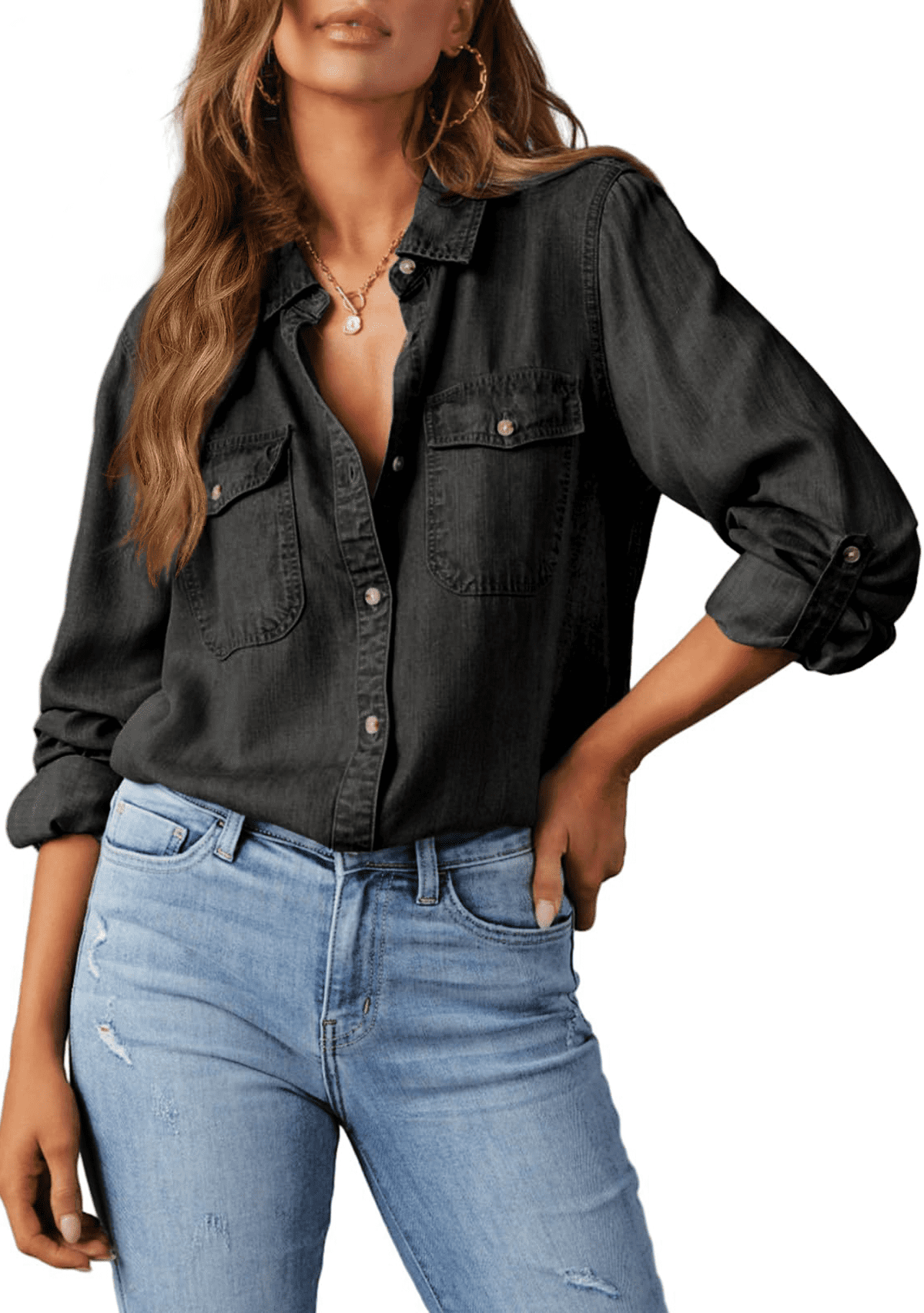 Fantaslook Women Button Down Denim Shirts Collared Casual Long Sleeve ...
