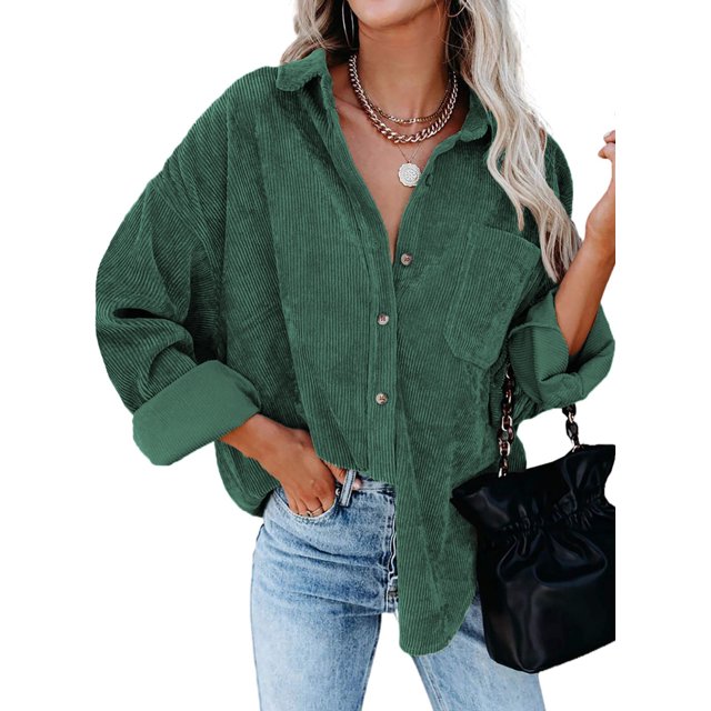Fantaslook Women Corduroy Shirts Shacket Jacket Casual Long Sleeve Button Down Blouses Tops ...