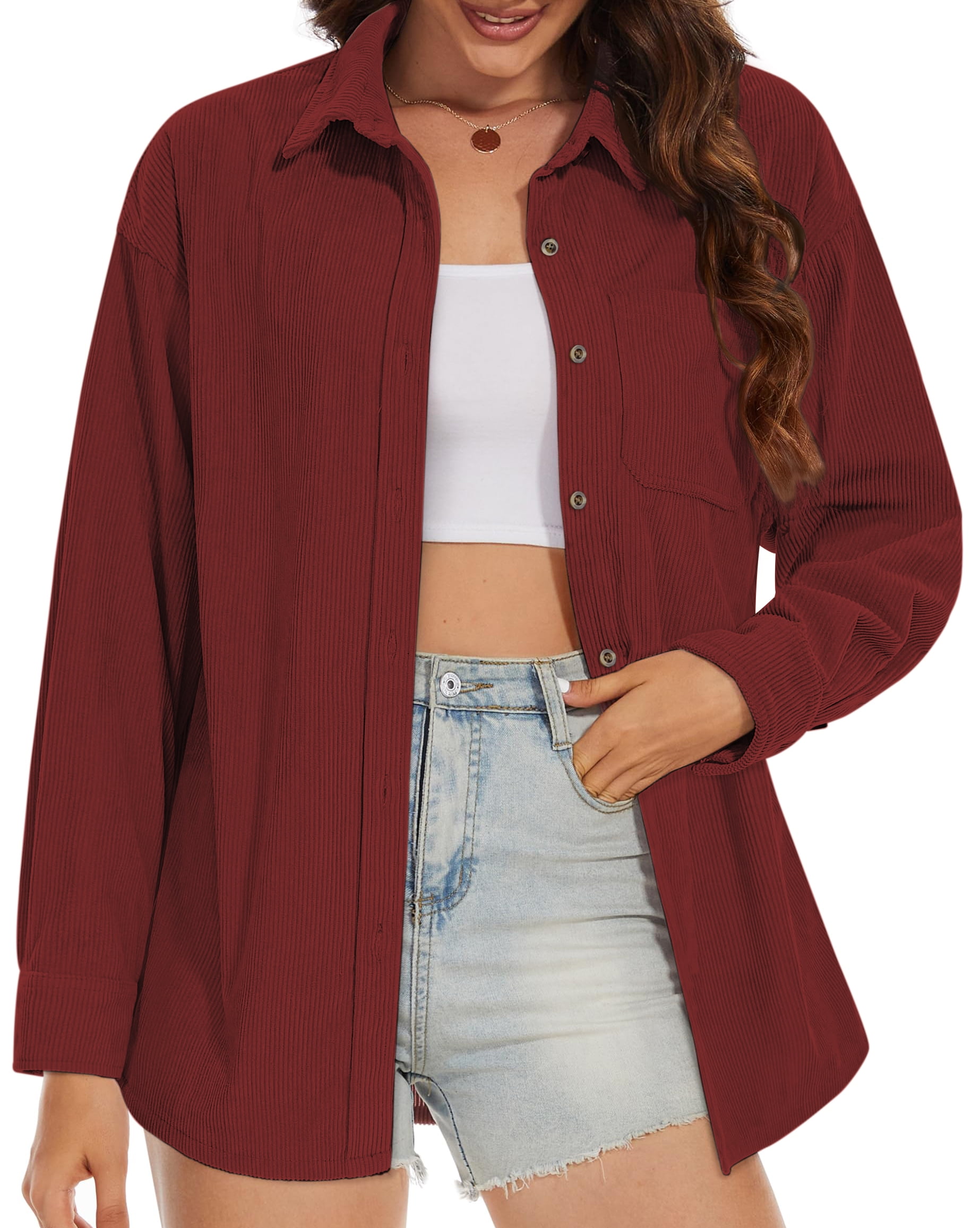 Fantaslook Women Corduroy Shirts Shacket Jacket Casual Long Sleeve ...