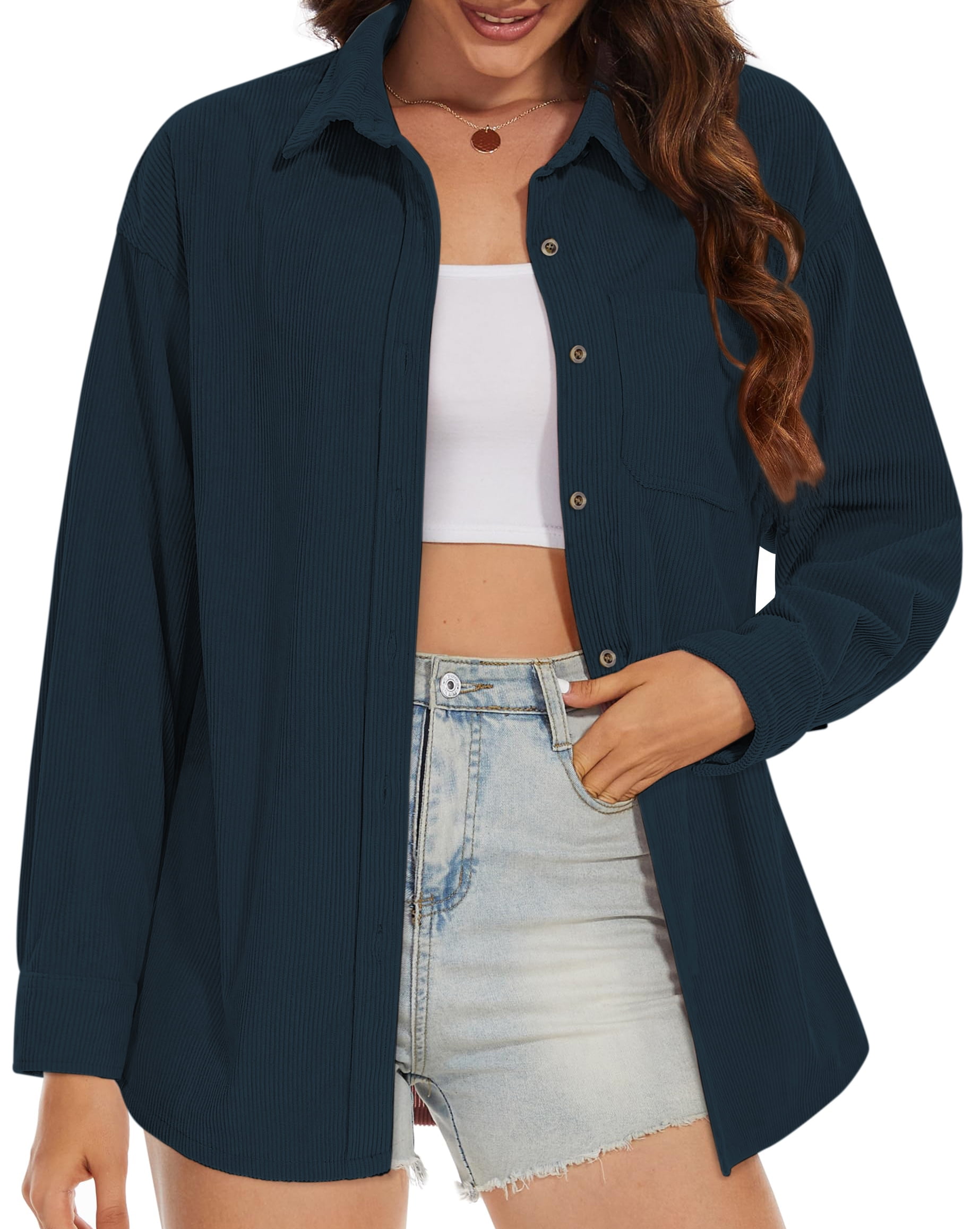 Fantaslook Women Corduroy Shirts Shacket Jacket Casual Long Sleeve Button Down Blouses Tops ...