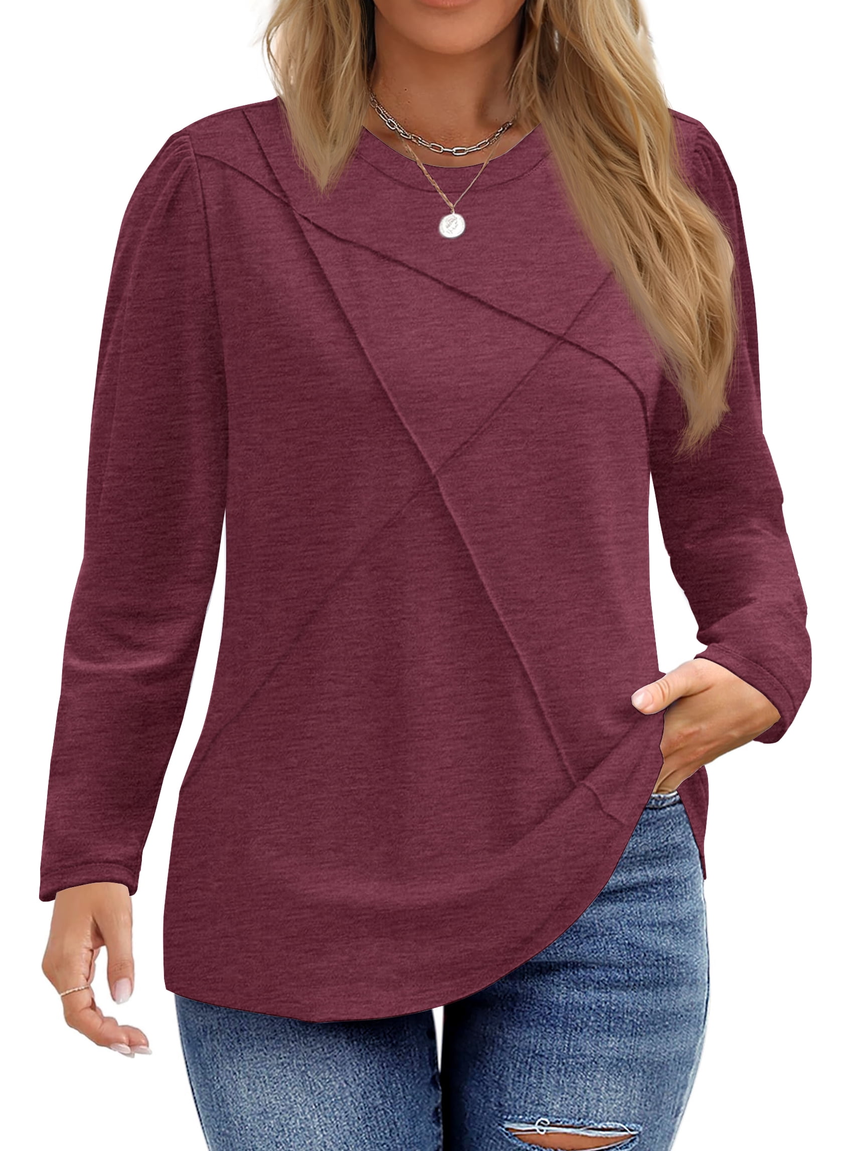 Fantaslook Women Plus Size Tops Pleated Crewneck Long Sleeve Shirts ...