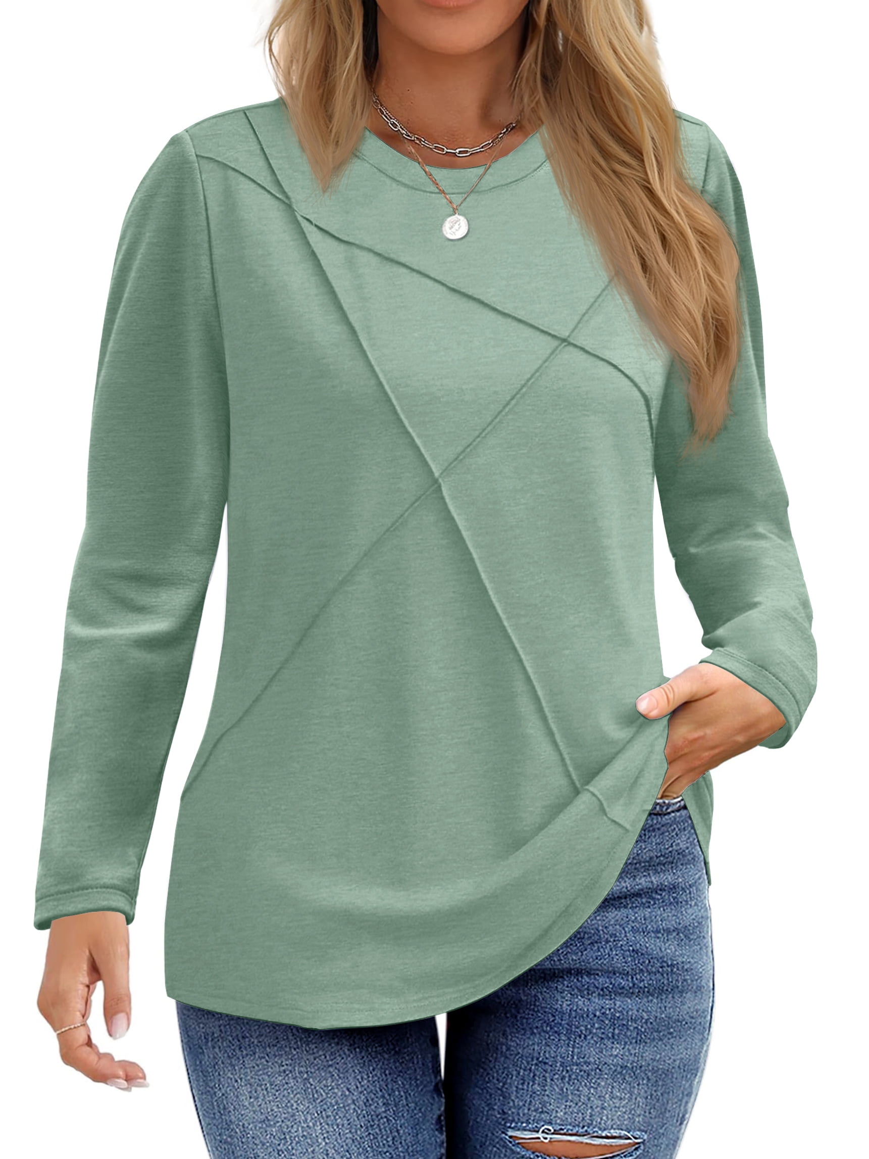 Fantaslook Women Plus Size Tops Pleated Crewneck Long Sleeve Shirts ...