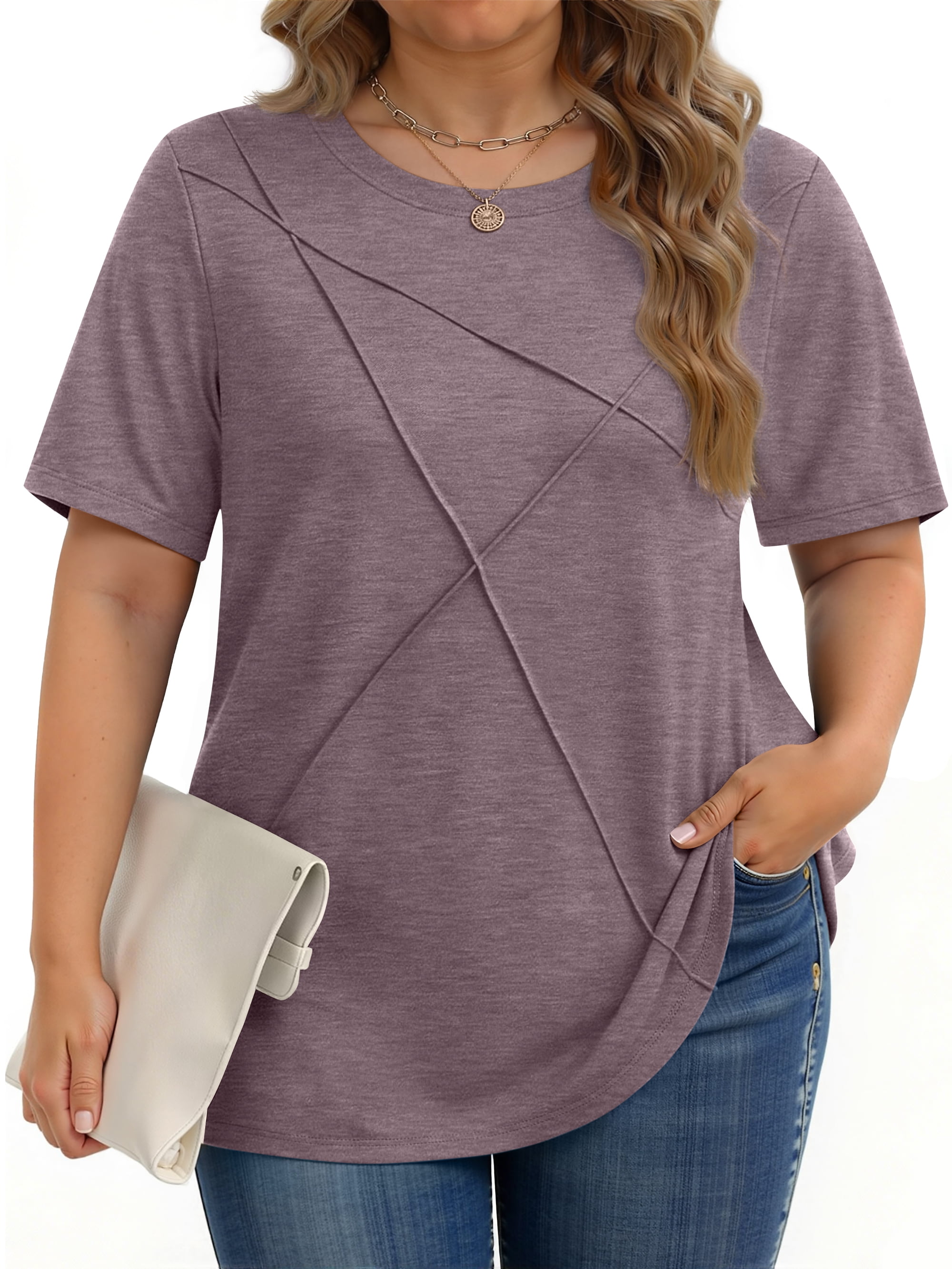 Fantaslook Women Plus Size Tops Pleated Crewneck Short Sleeve Shirts ...