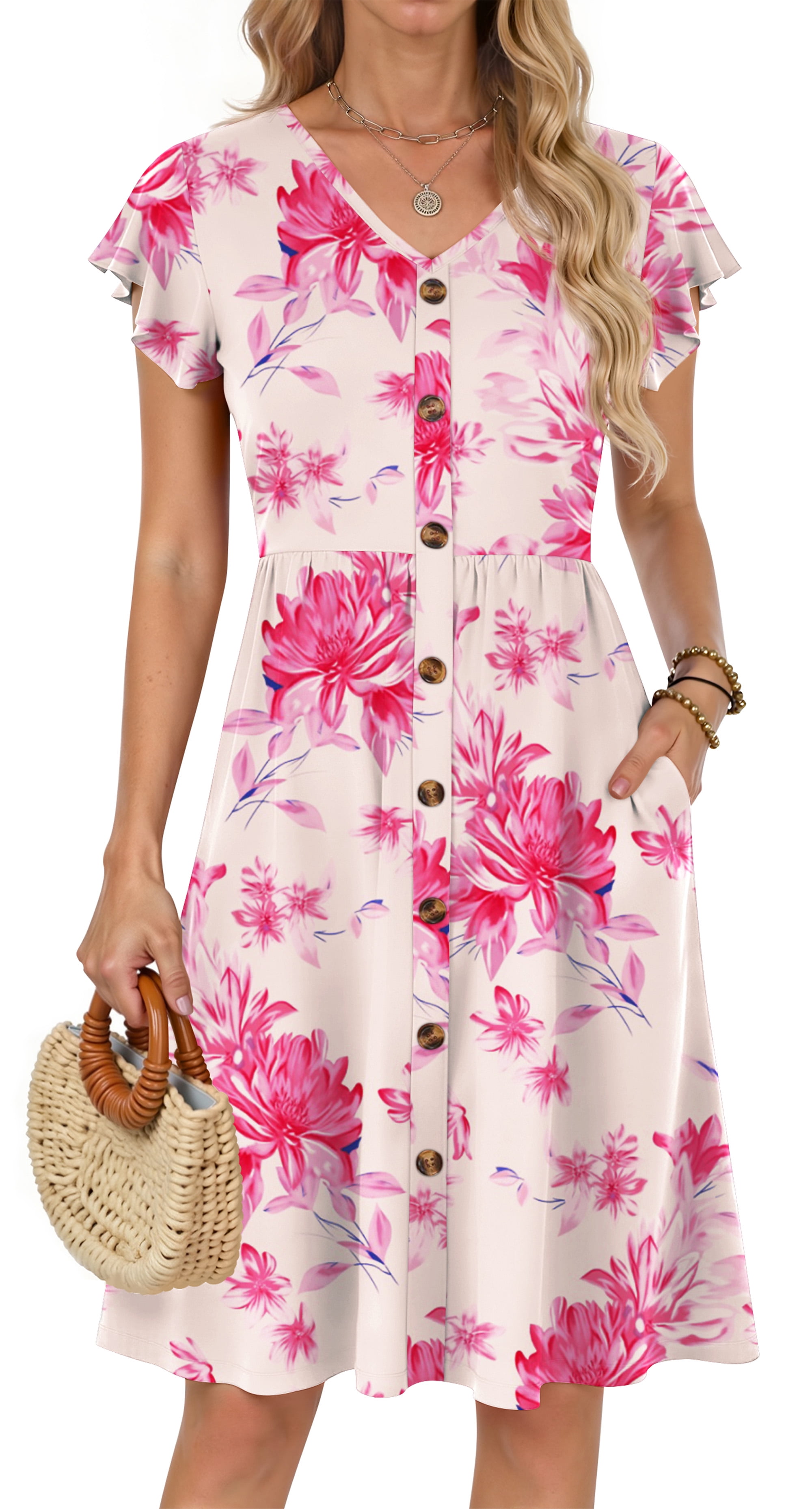 Fantaslook Women's Summer Dress, V-Neck, Ruffle Sleeves, Flowy Floral ...