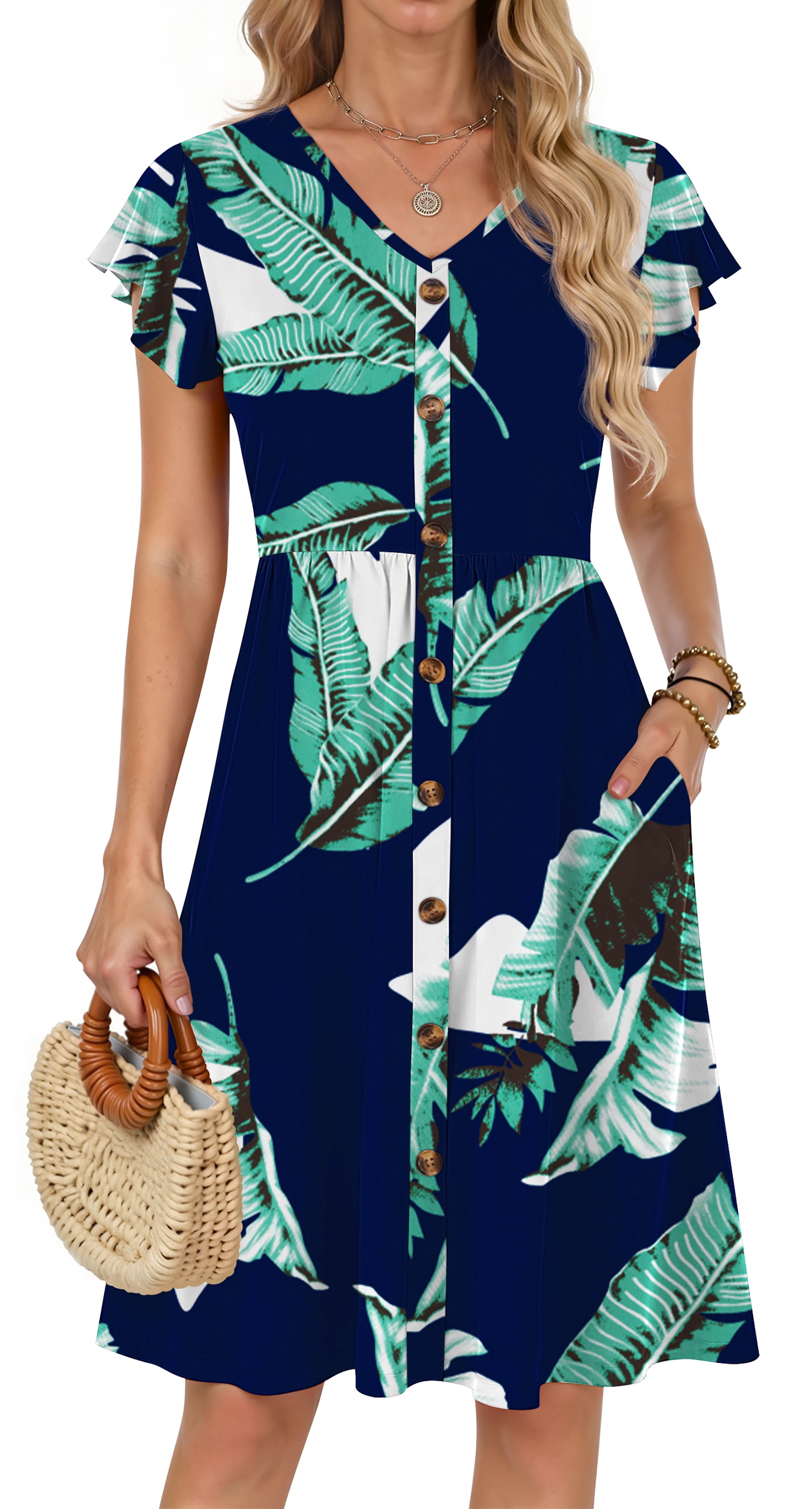 Fantaslook Women Summer Dresses V Neck Ruffle Sleeve Floral Midi Dress ...
