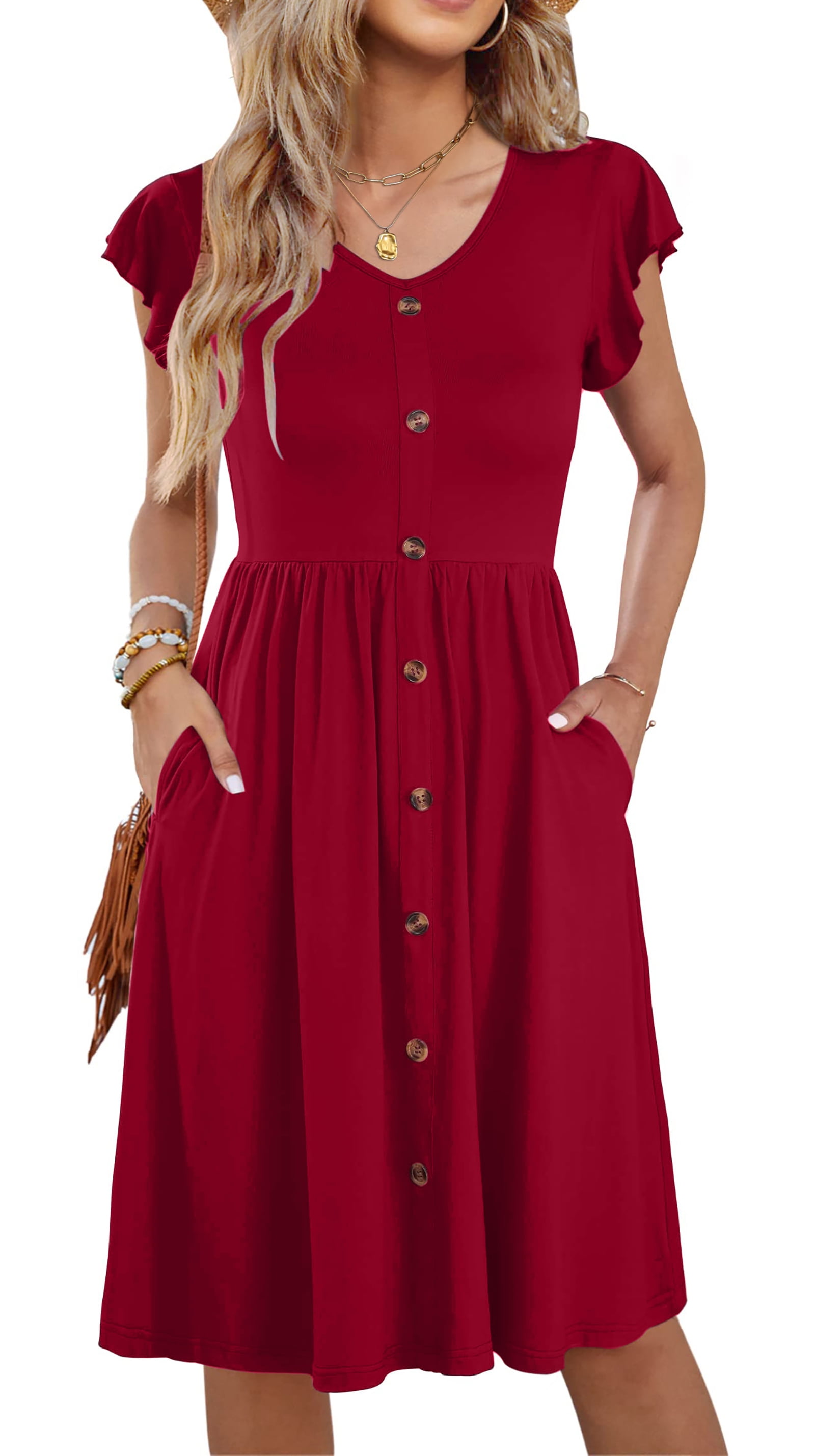 Fantaslook Women Summer Dresses V Neck Ruffle Sleeve Casual Flowy Sundresses Button Floral Midi ...