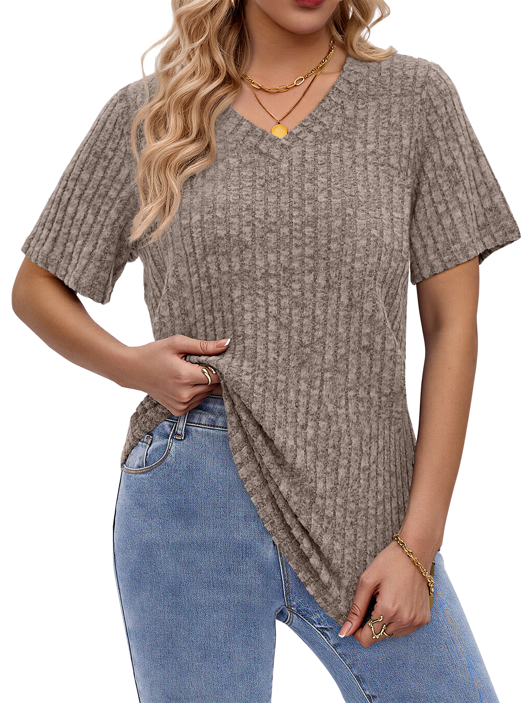 Fantaslook Women Tops V Neck Short Sleeve Shirts Dressy Casual Summer ...