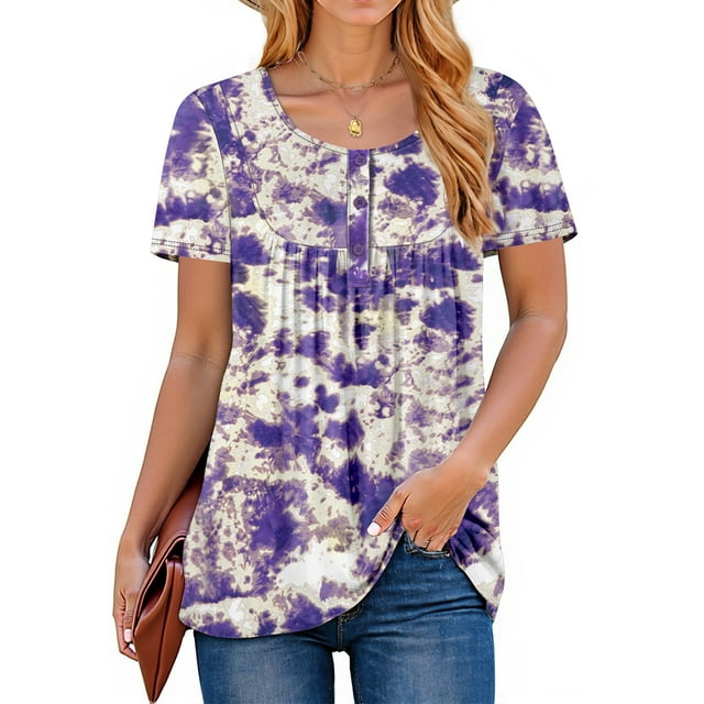 Fantaslook Women Tunic Tops Casual Henley Short Sleeve Shirts Floral ...