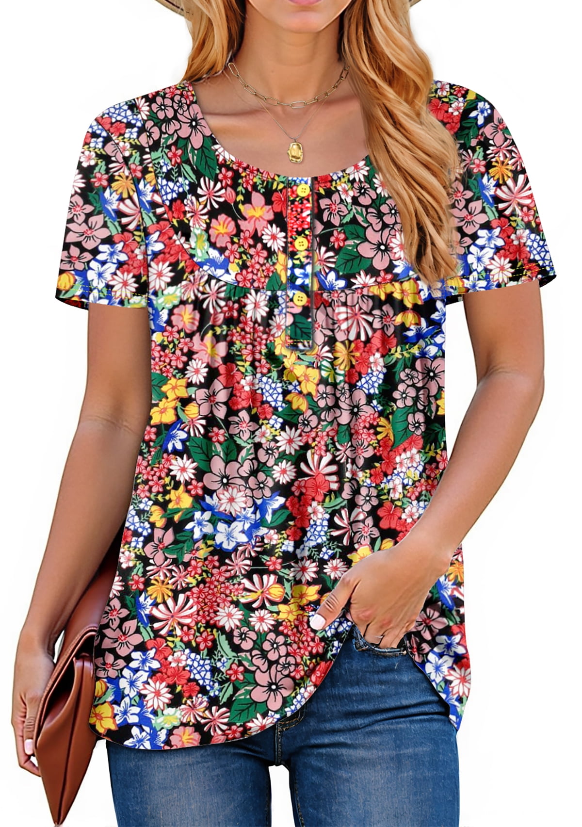 Fantaslook Women Tunic Tops Casual Henley Short Sleeve Shirts Floral ...