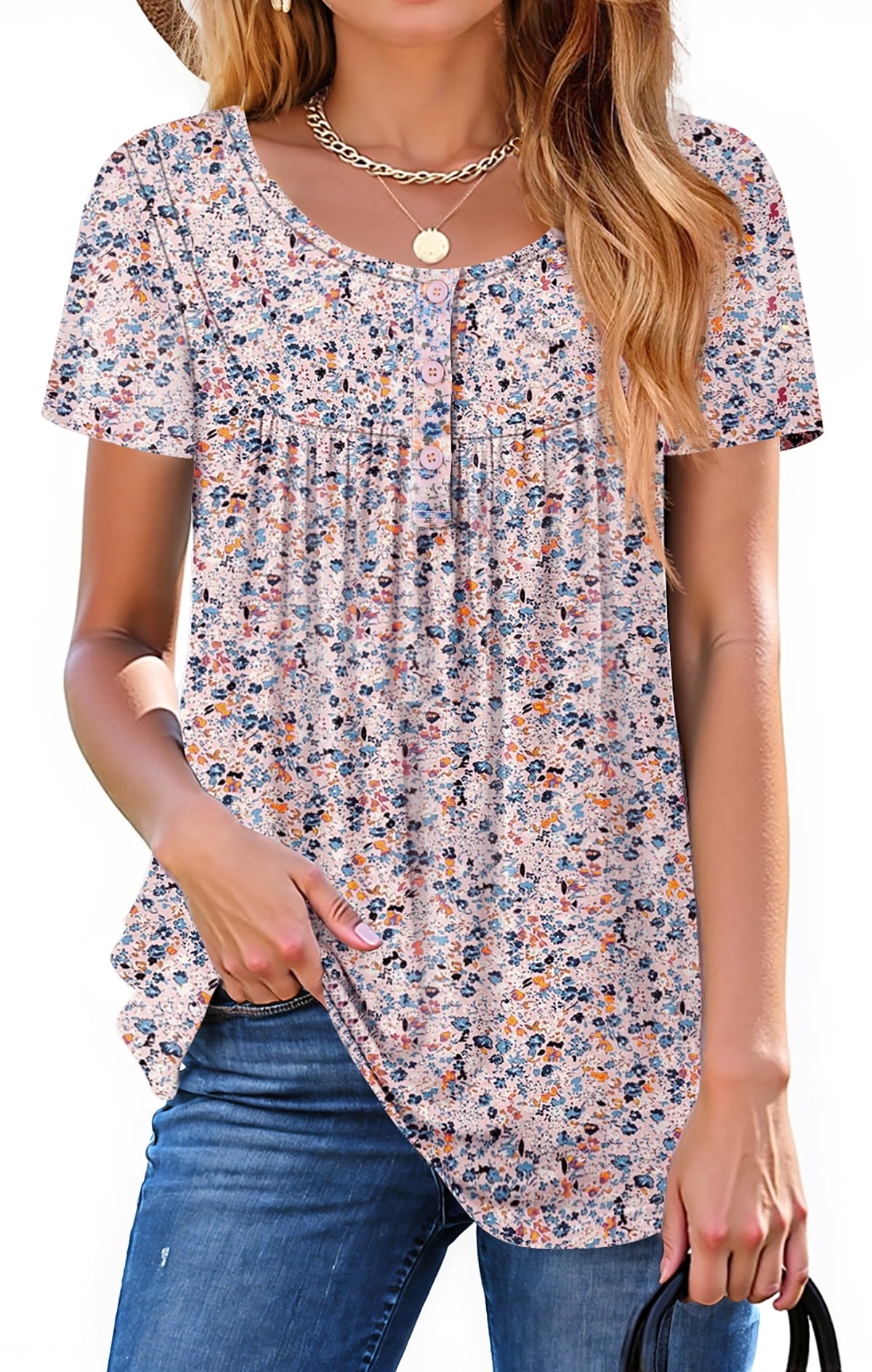 Fantaslook Floral Ruffle Tunic, Henley Short Sleeve Blouses, Loose Fit ...