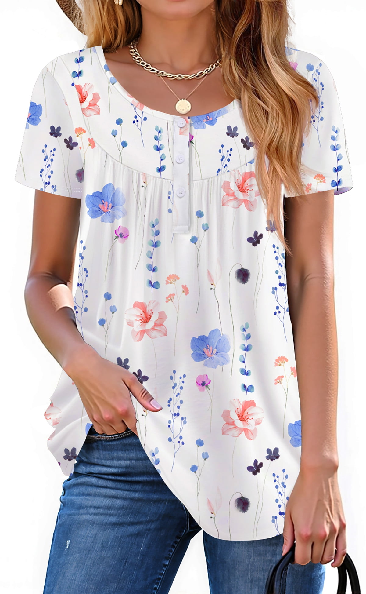 Fantaslook Women Tunic Tops Casual Henley Short Sleeve Shirts Floral ...