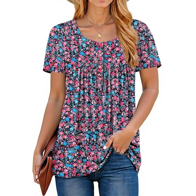 Fantaslook Women Tunic Tops Casual Henley Short Sleeve Shirts Floral ...