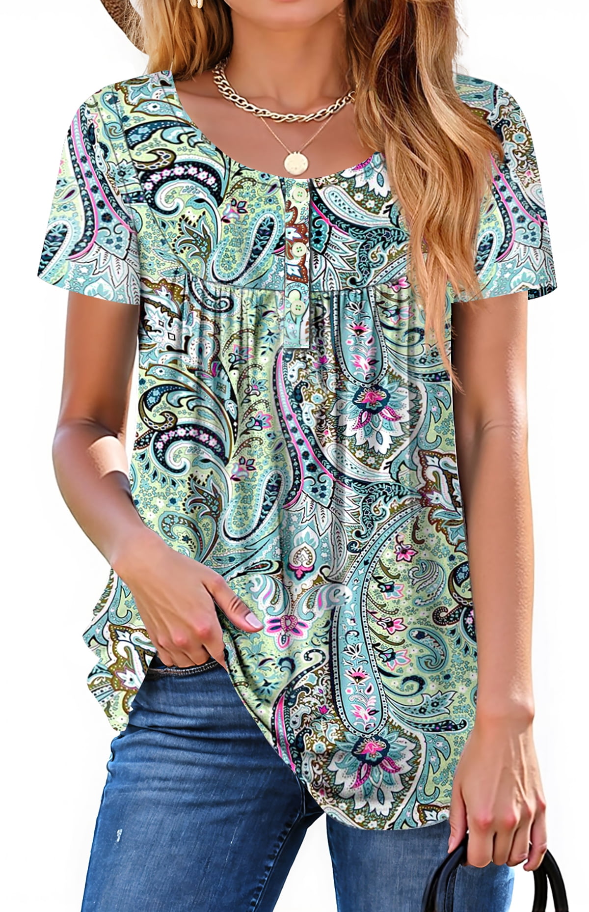 Fantaslook Women Tunic Tops, Casual Henley Short Sleeve Shirts, Floral ...