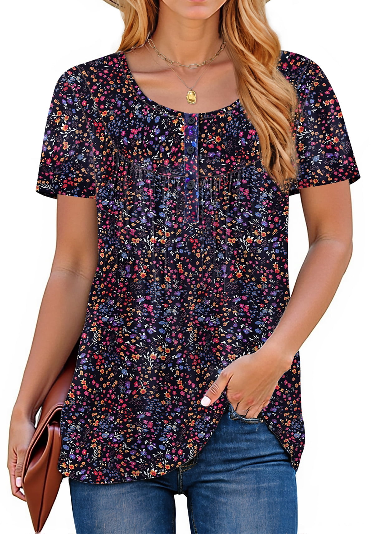 Fantaslook Women Tunic Tops Casual Henley Short Sleeve Floral Blouses ...