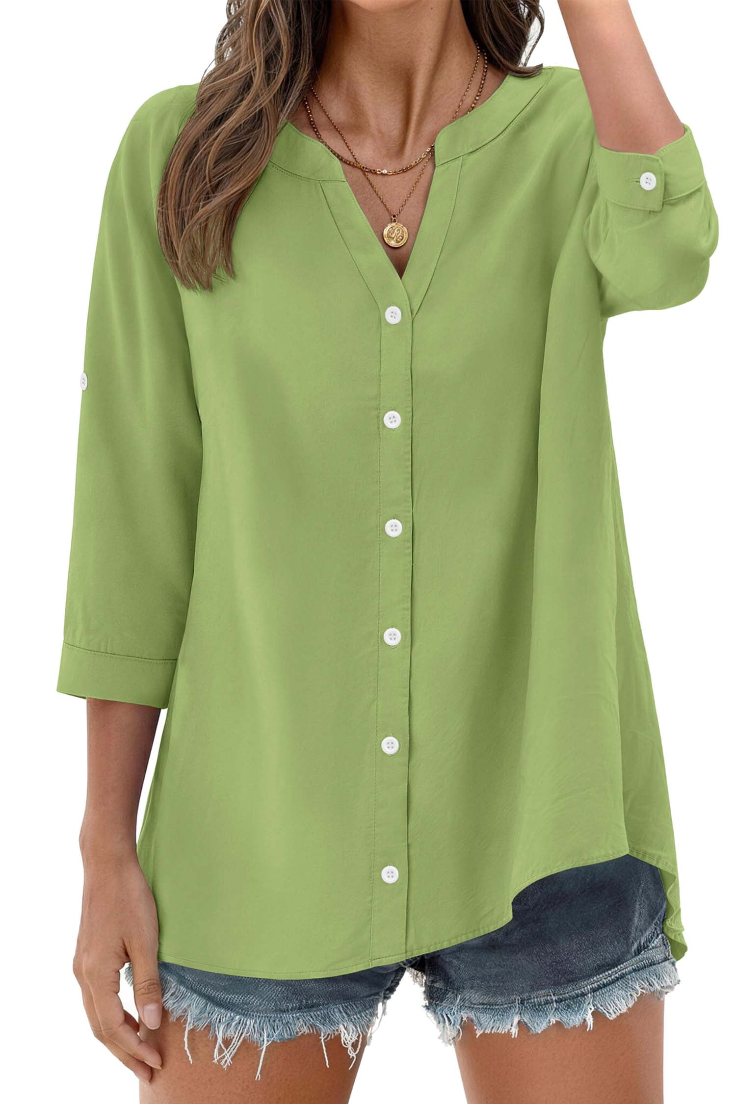 Fantaslook Womens 3/4 Sleeve Button Down Shirts V Neck Roll Up Sleeve ...