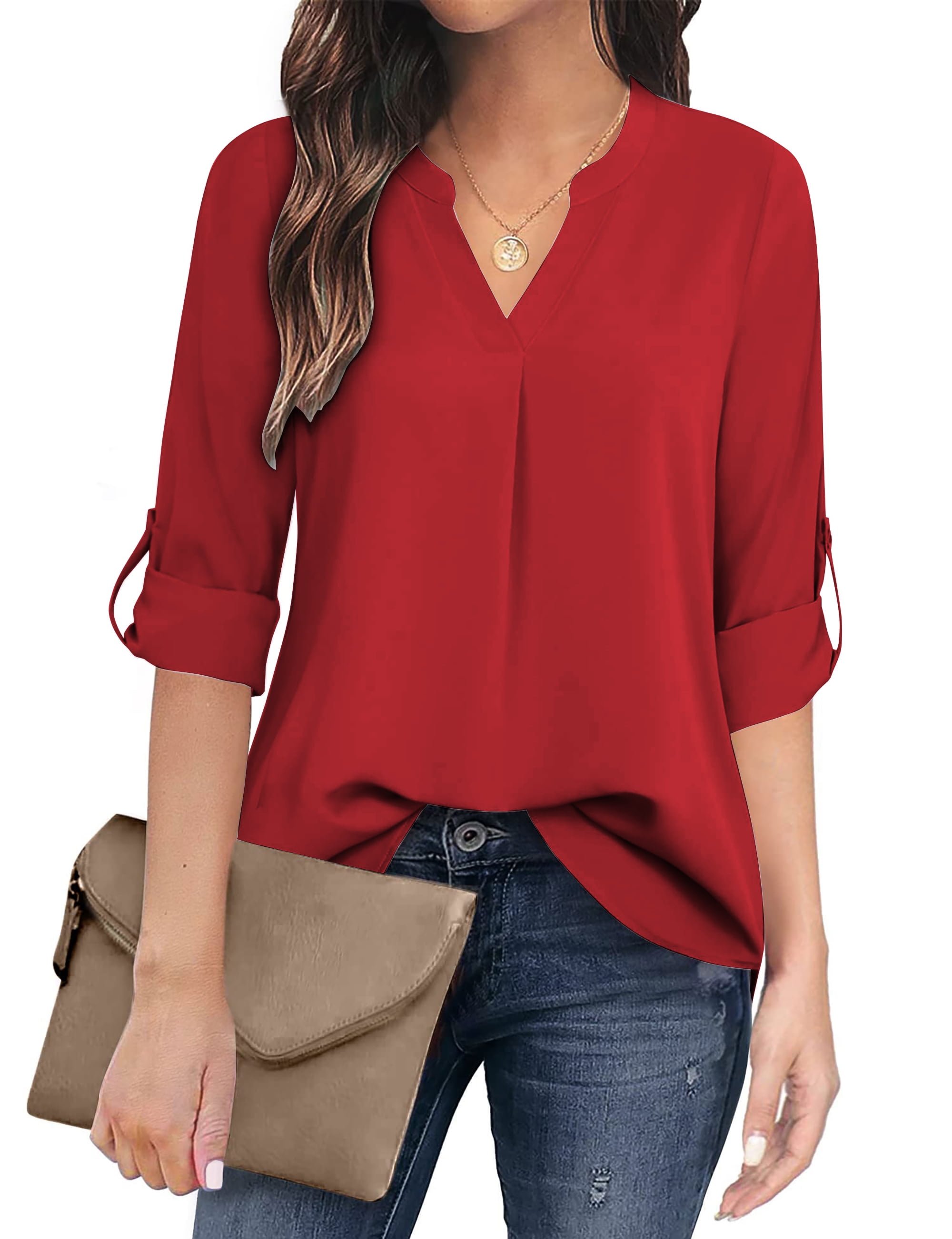 Fantaslook Women's 3/4 Cuffed Sleeve V Neck Chiffon Blouses ...
