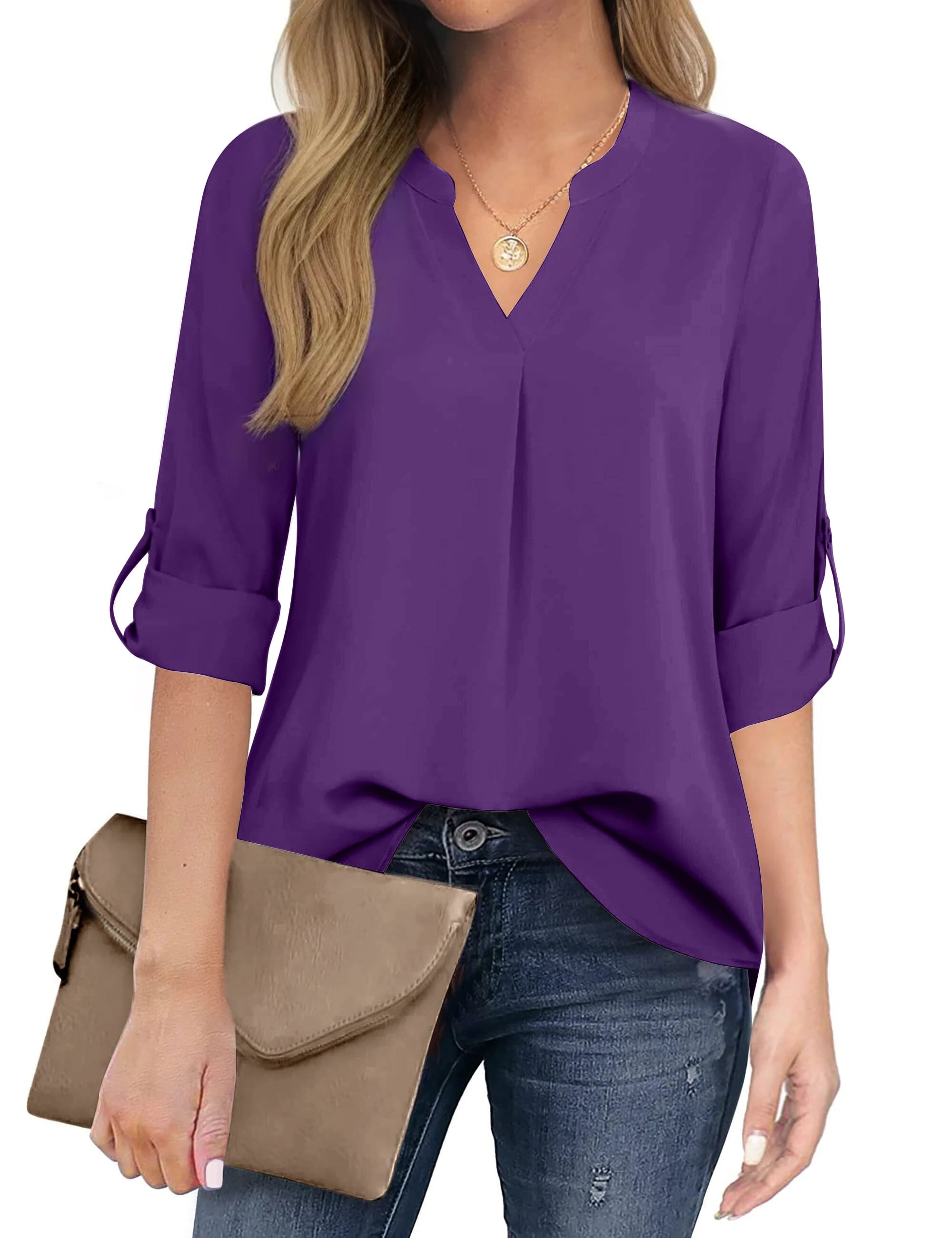 Fantaslook Womens 3/4 Sleeve V Neck Blouses, Lightweight Flowy Chiffon ...