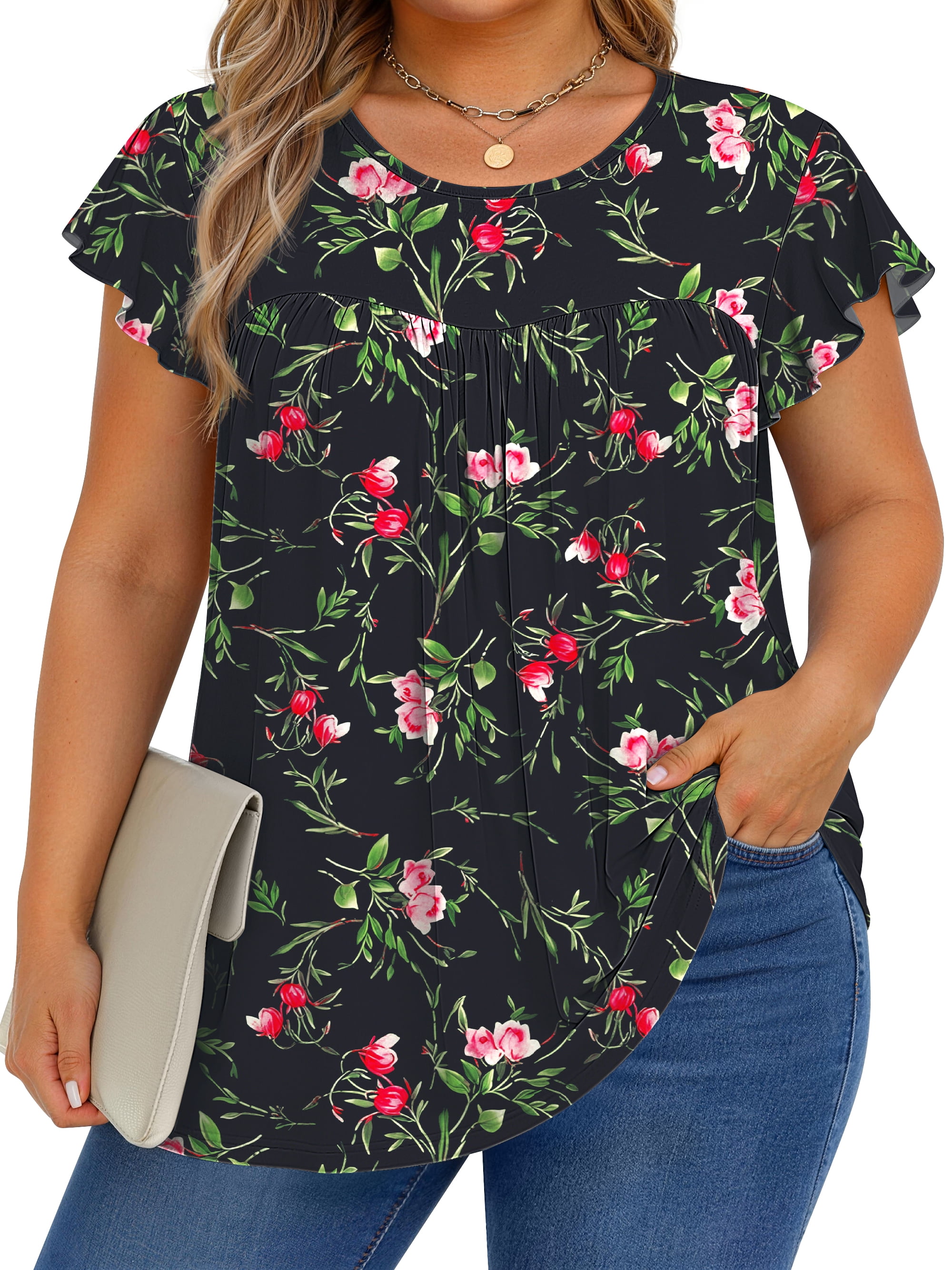 Fantaslook Womens Dressy Casual Pleated Tunic Tops, Floral Ruffle ...