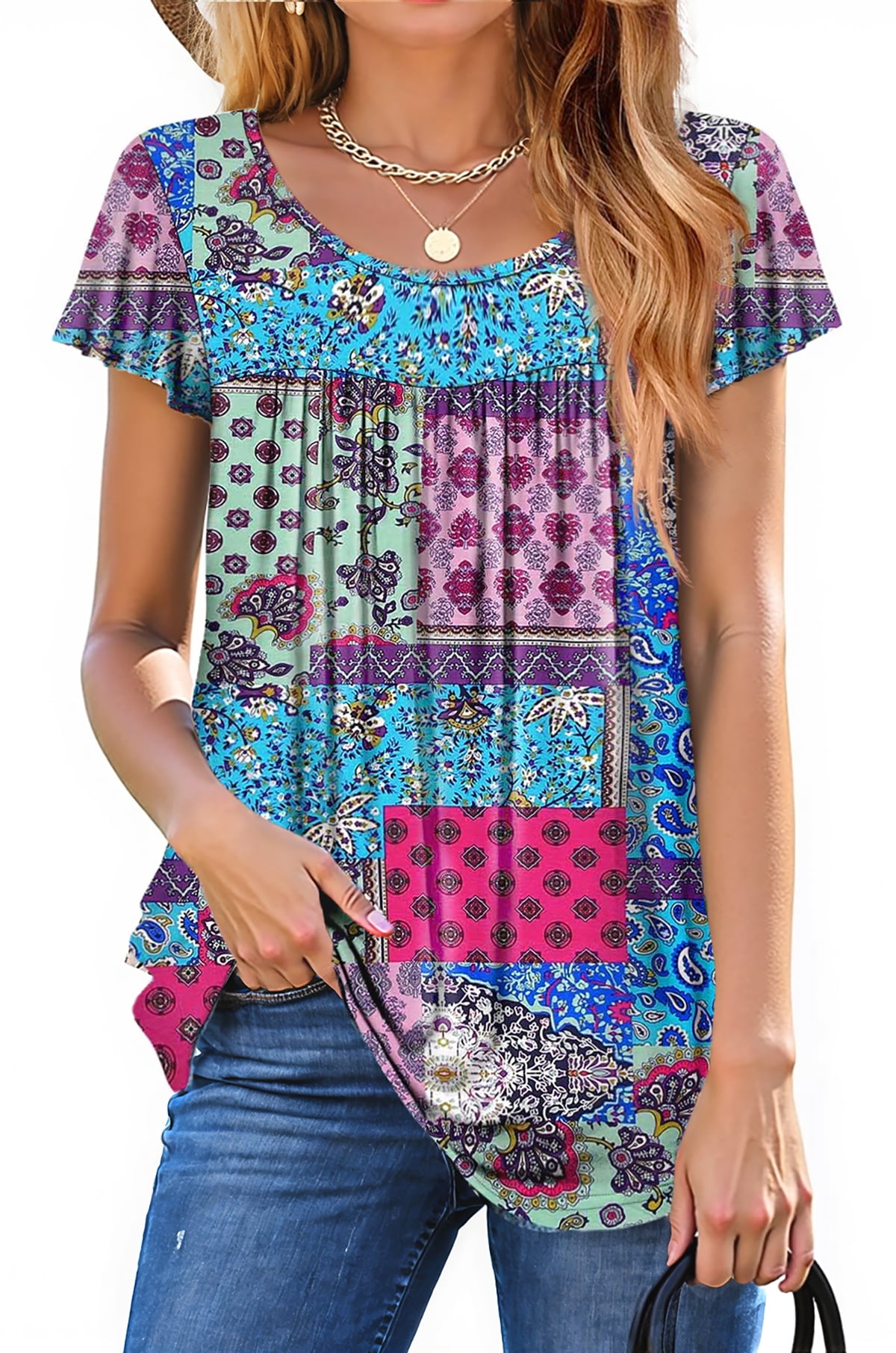 Fantaslook Womens Flutter Sleeve Floral Tunic Tops, Pleated Casual ...