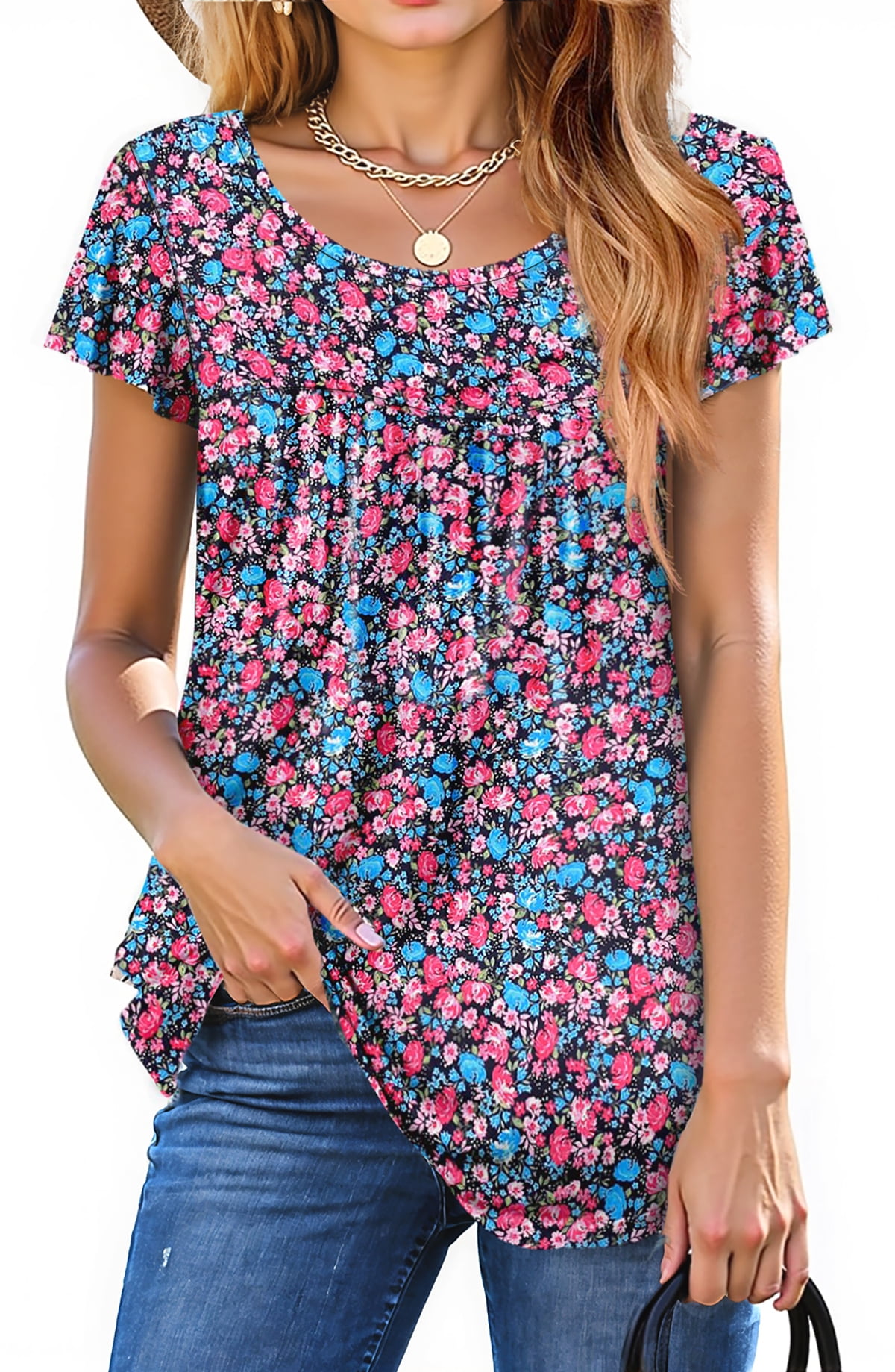 Fantaslook Womens Blouses Dressy Casual Pleated Tunic Tops Floral ...