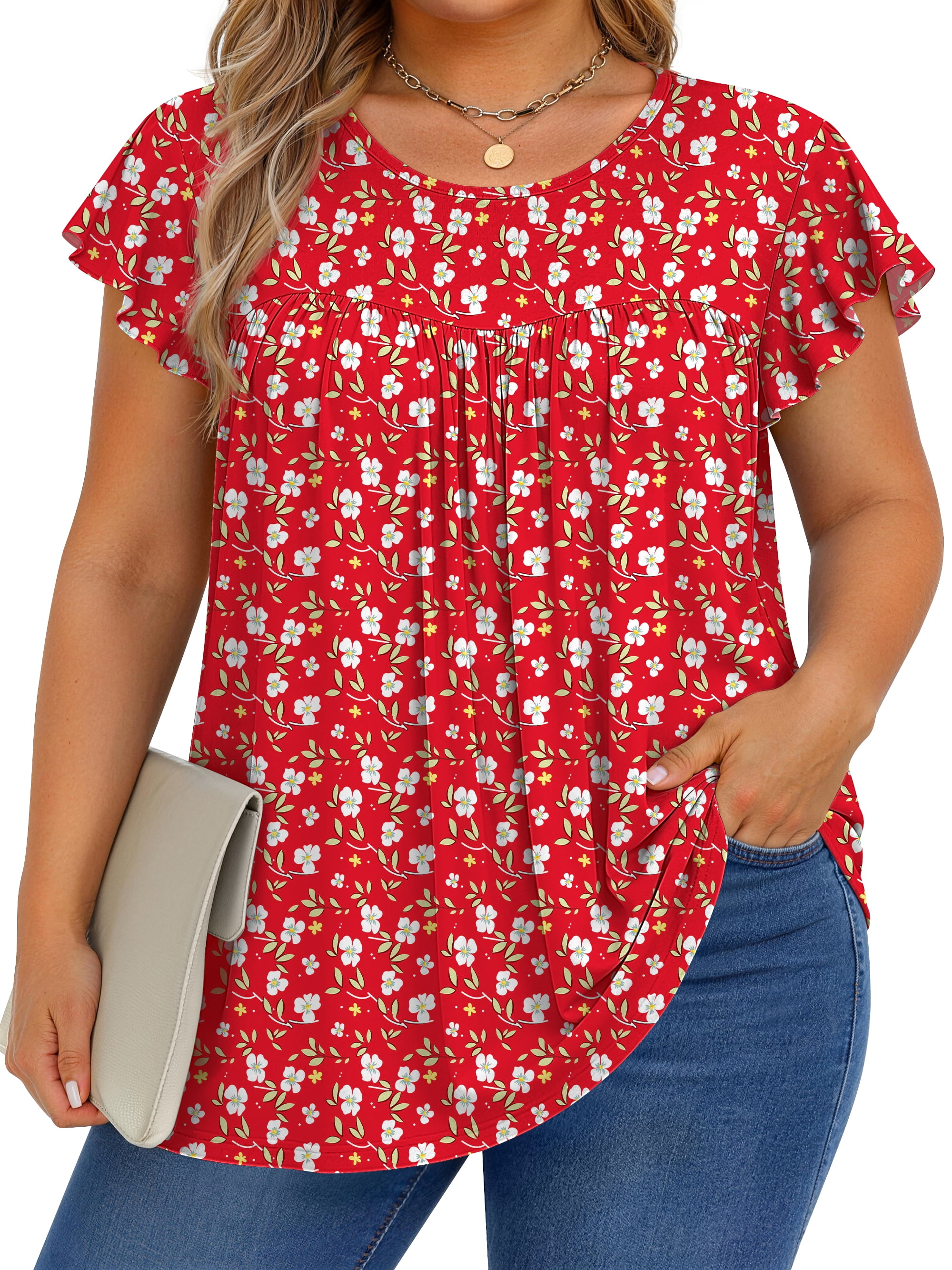 Fantaslook Womens Dressy Pleated Tunic Tops, Floral Ruffle Sleeve ...