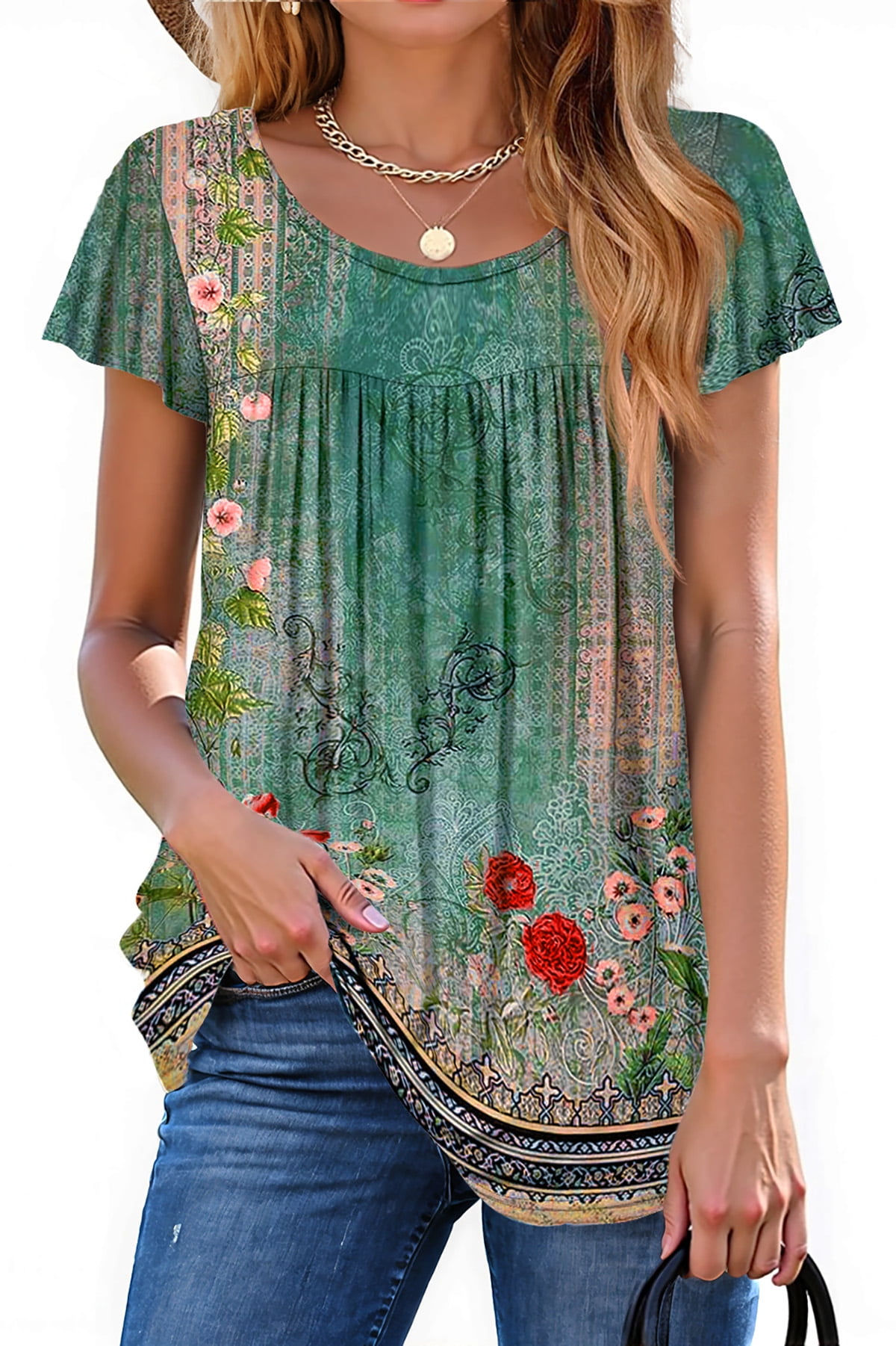 Fantaslook Womens Floral Pleated Tunic Top, Ruffle Sleeves, Dressy ...