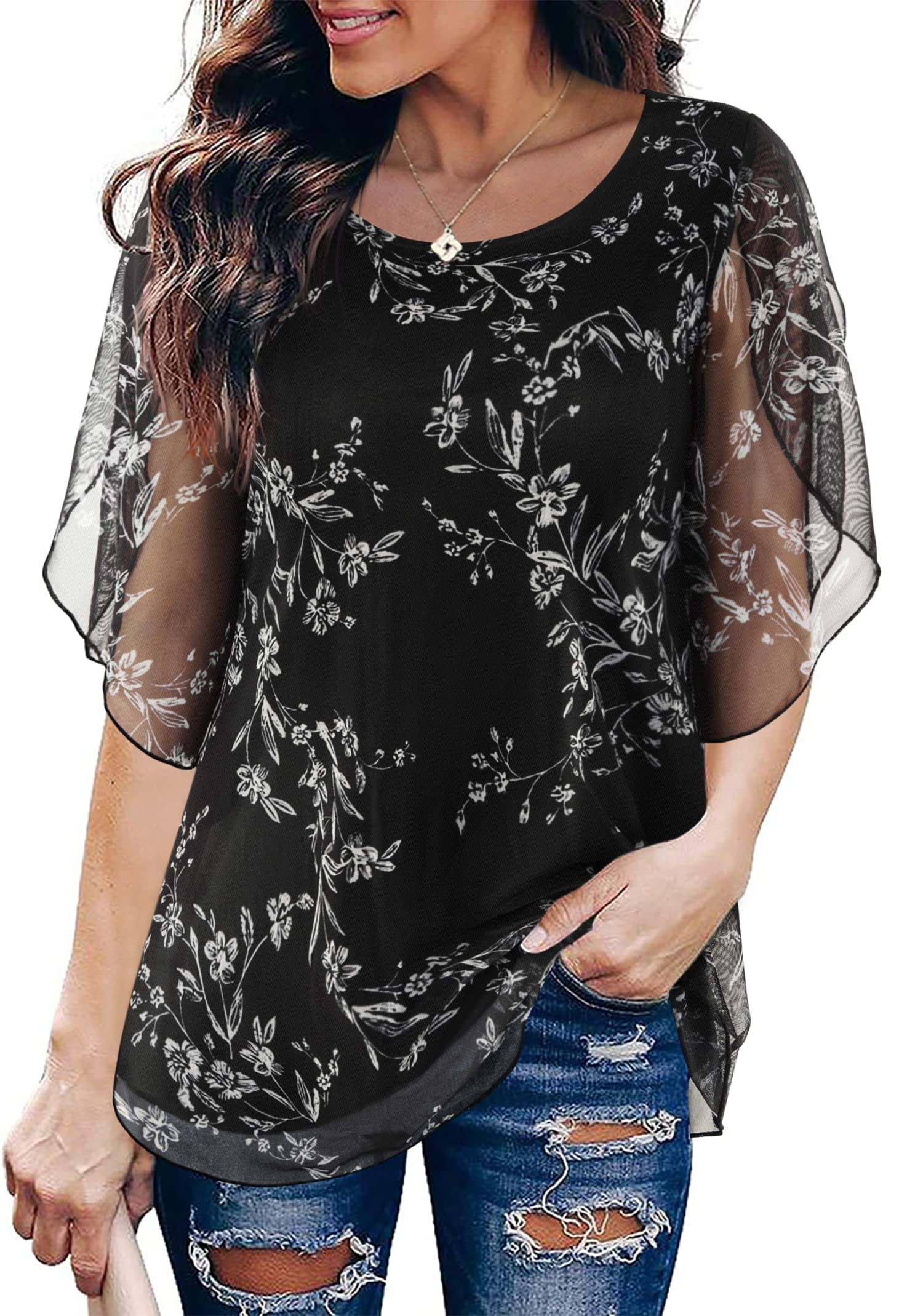 Fantaslook Womens Blouses Floral Ruffle 3/4 Sleeve Flowy Tops Mesh ...